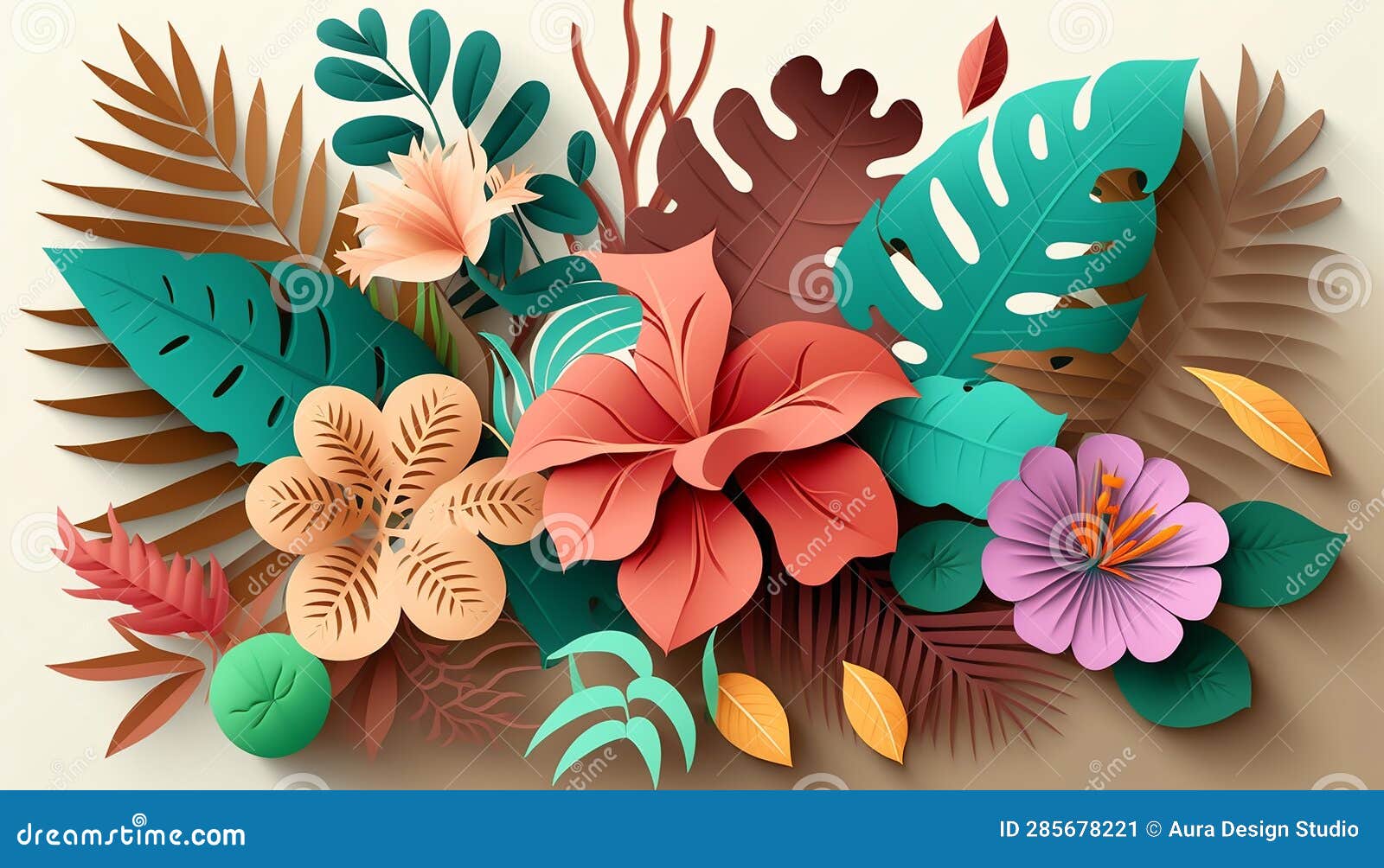 Illustration of Tropical Flowers Theme in Paper Cut. Stock Illustration ...