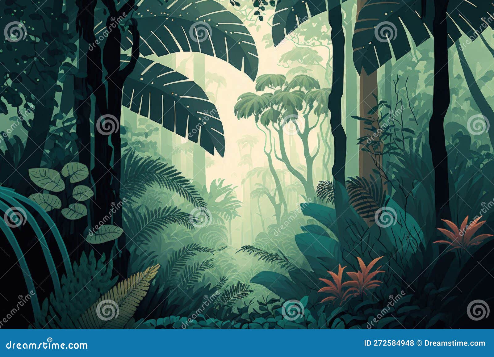 Illustration of Tropical Trees and Leaves in a Misty Forest Stock ...