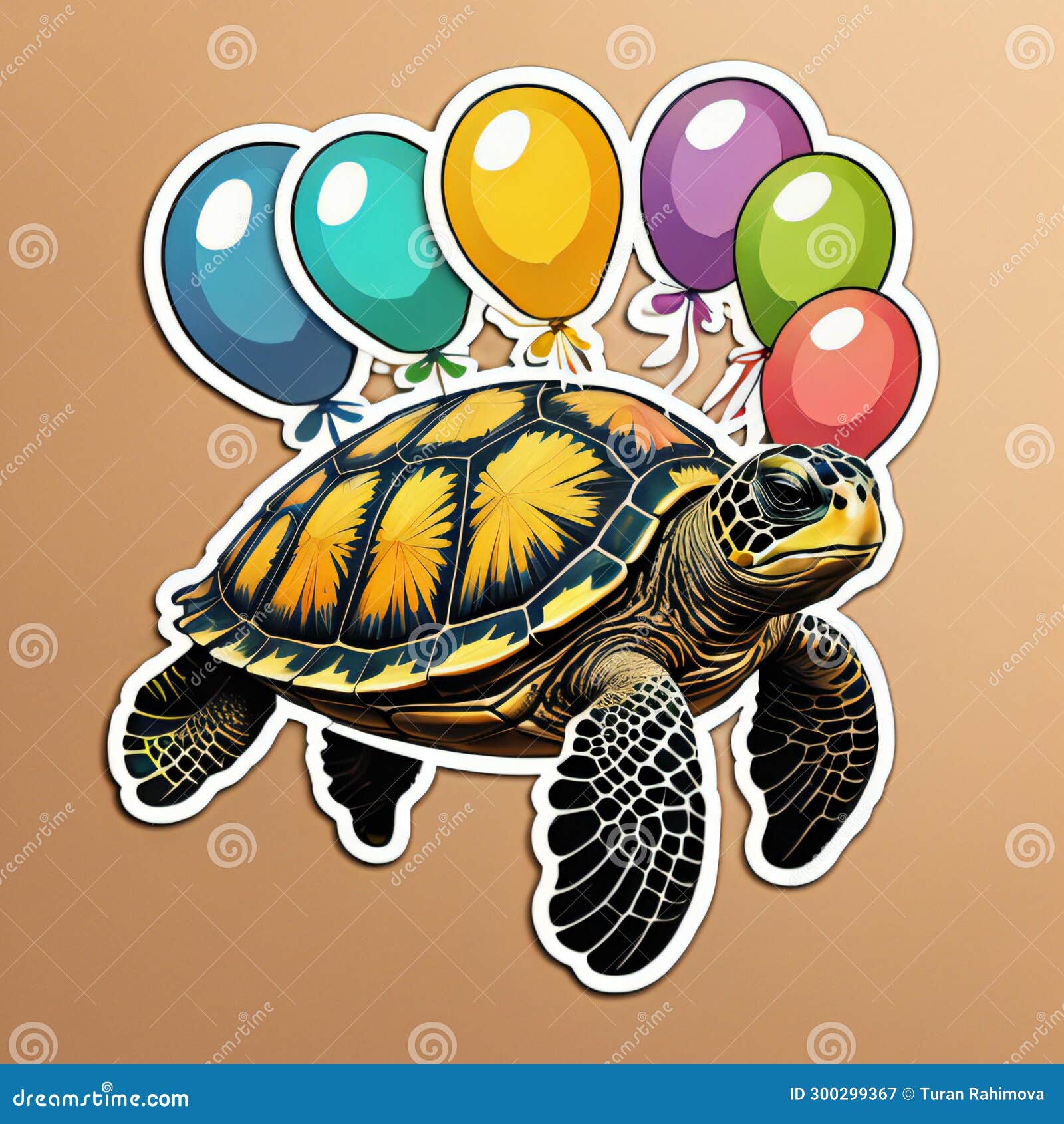 Illustration of a Turtle with Balloons on a Beige Background ...