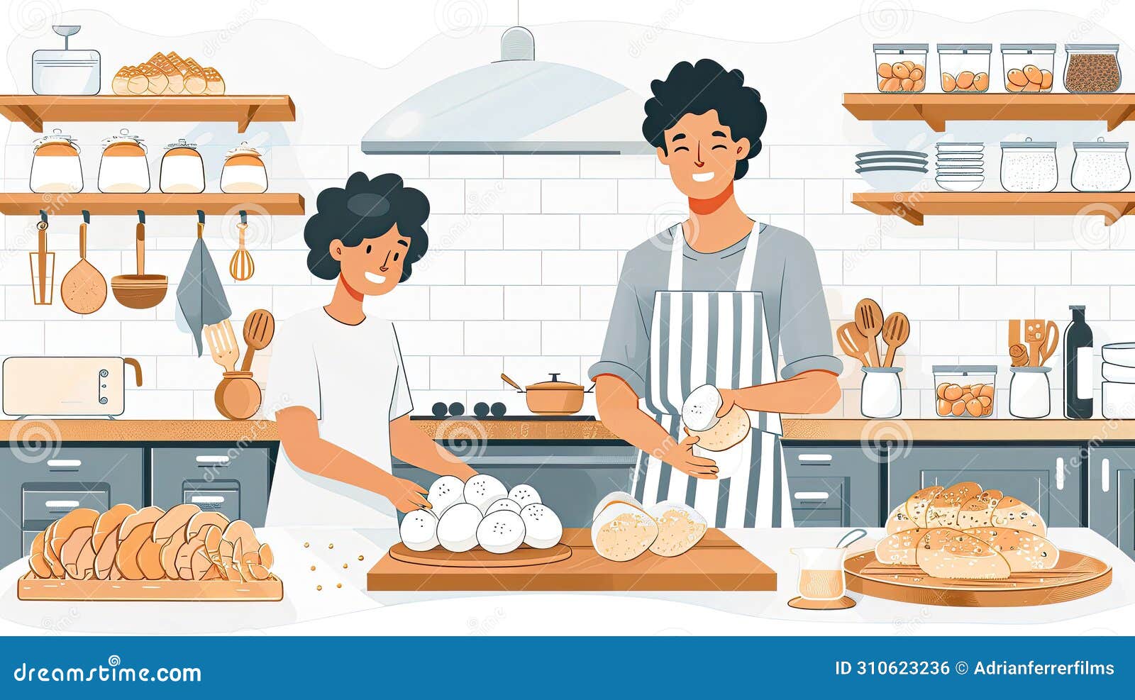 Illustration of Two Bakers in an Animated Kitchen, Preparing and ...