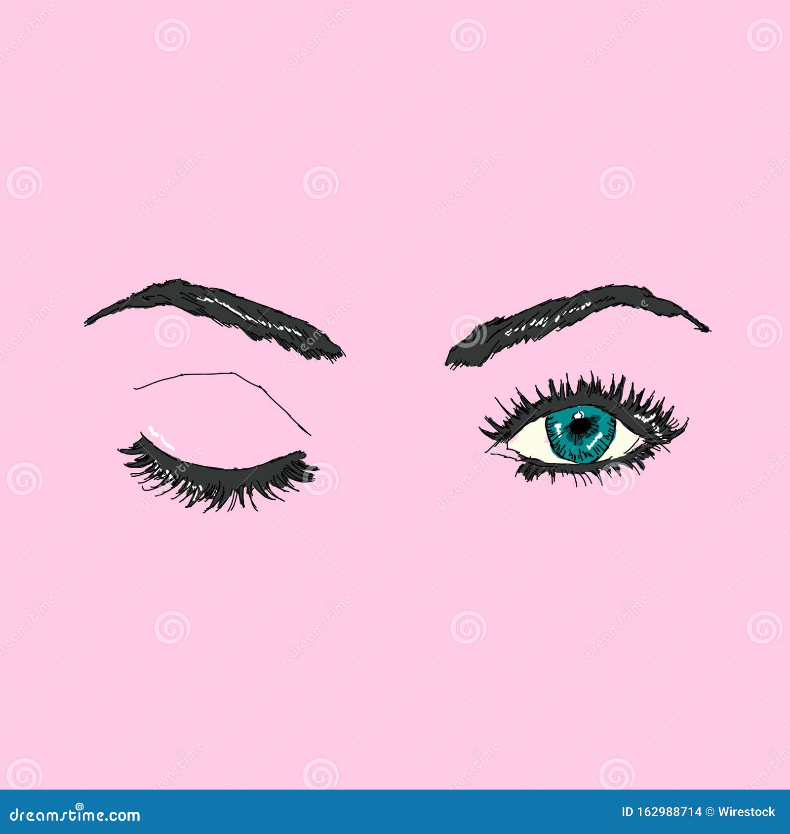 Illustration of Two Blue Eyes with One Eye Winking on a Pink Background ...