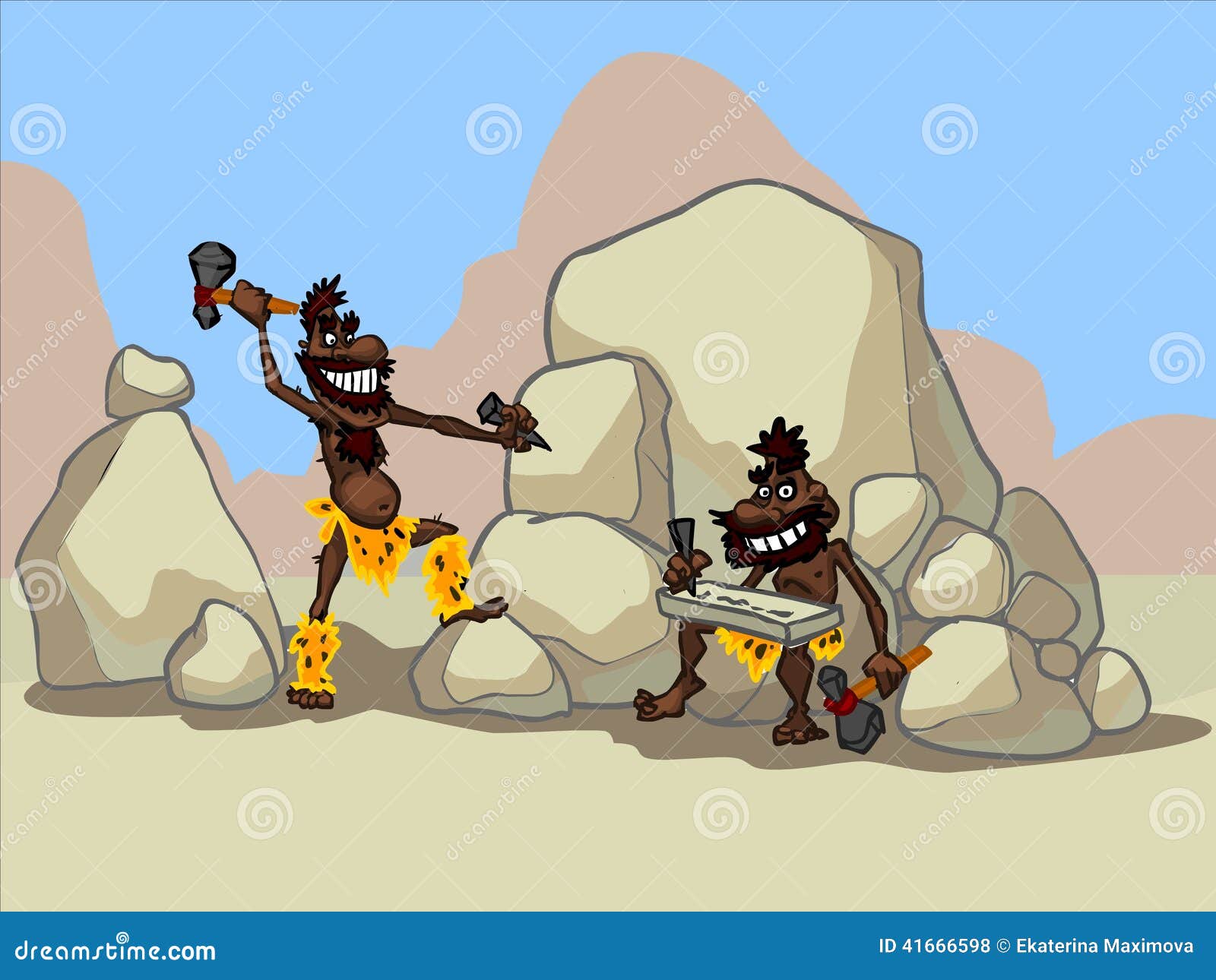 The Illustration Of Two Cartoon Cavemen In A Desert. Stock Illustration ...