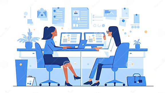 Two Professionals Collaborating at a Modern Office Desk with Computers ...