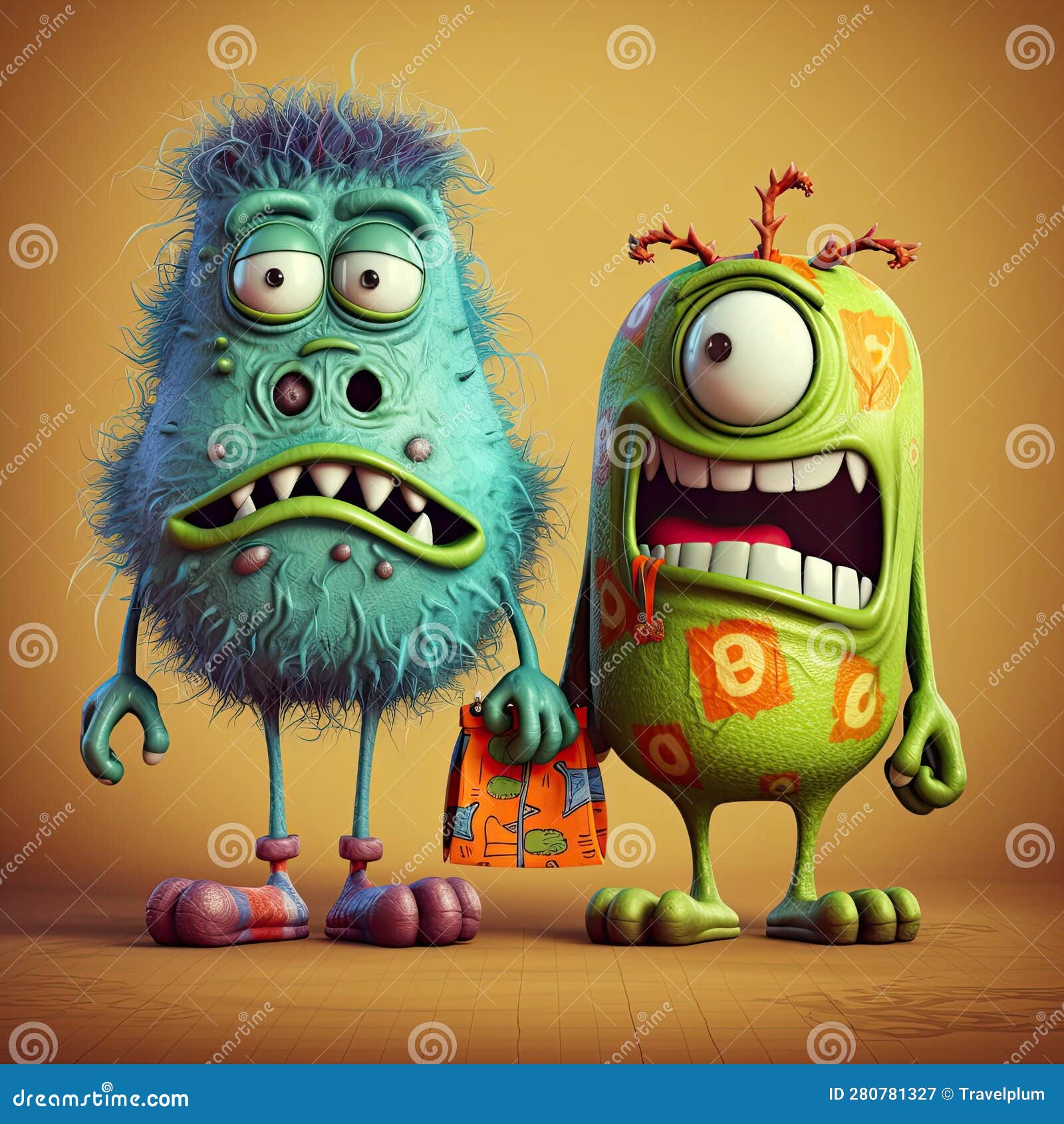Illustration of Two Funny Cute Multi-colored Monsters Close-up on a ...