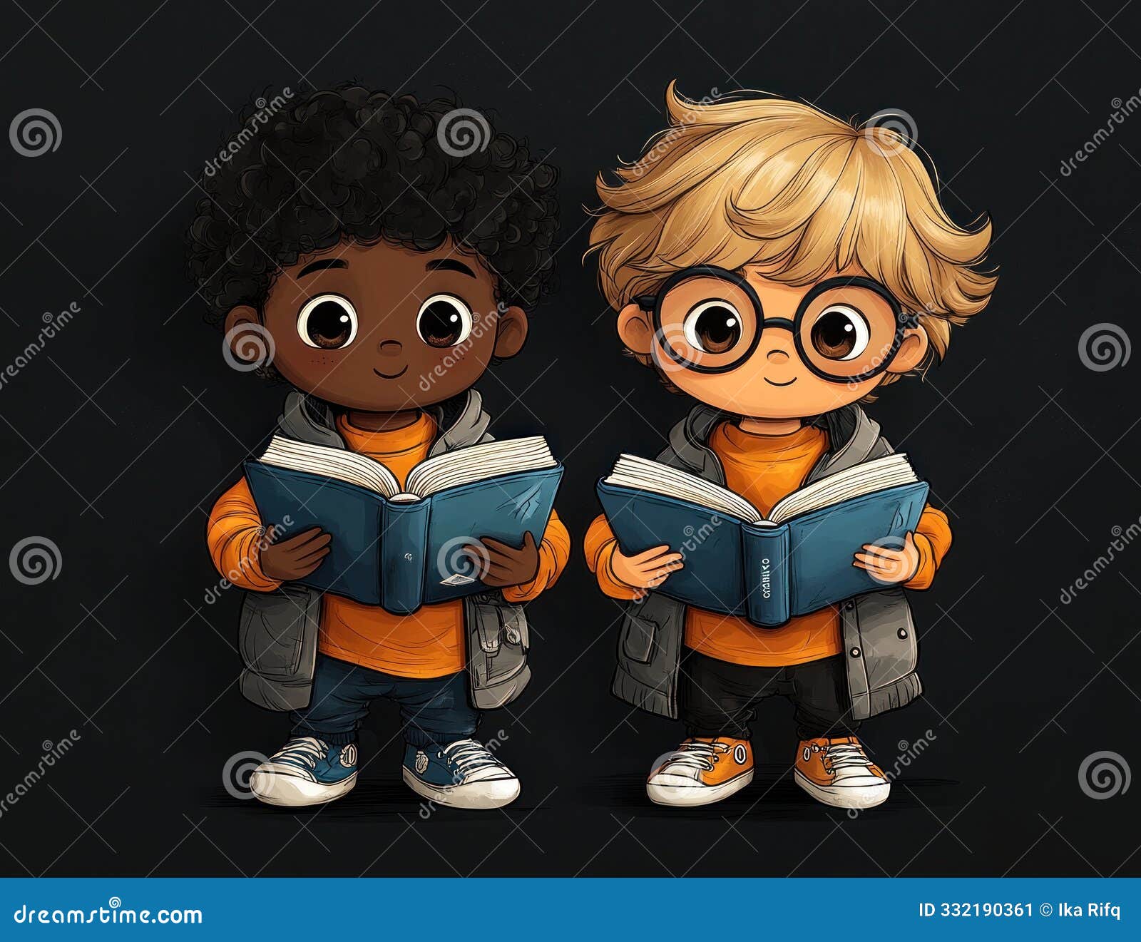 Illustration of Two Kids Reading Books Together Stock Illustration ...