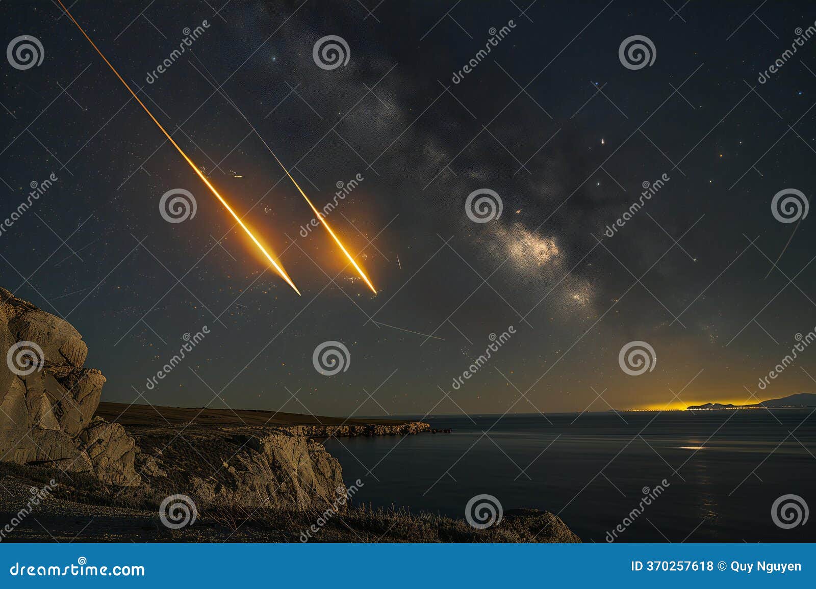 Meteors Streaking Across The Night Sky. Generative AI. Stock Photo ...