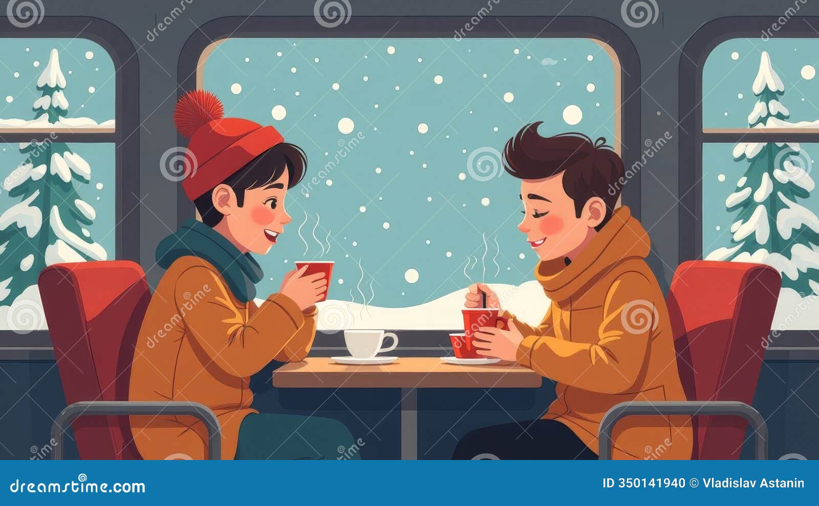 Illustration of Two People Riding a Train and Drinking Warm Tea ...