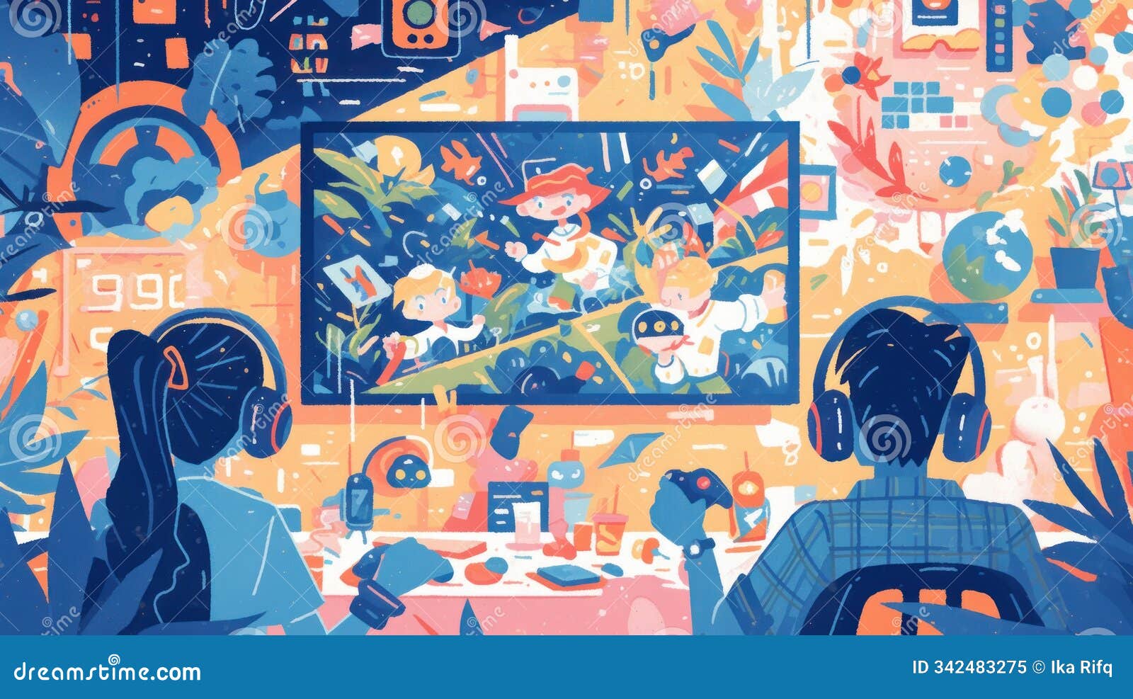 Illustration of Two People Watching TV with Abstract Background Stock ...