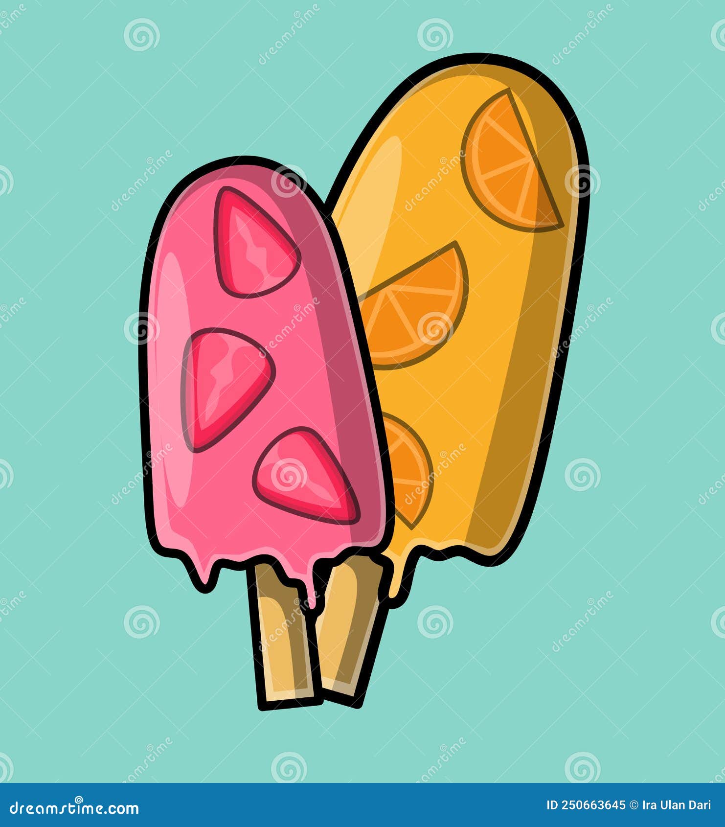 Illustration of Two Popsicles with Fresh Fruit Flavors on a Wooden ...