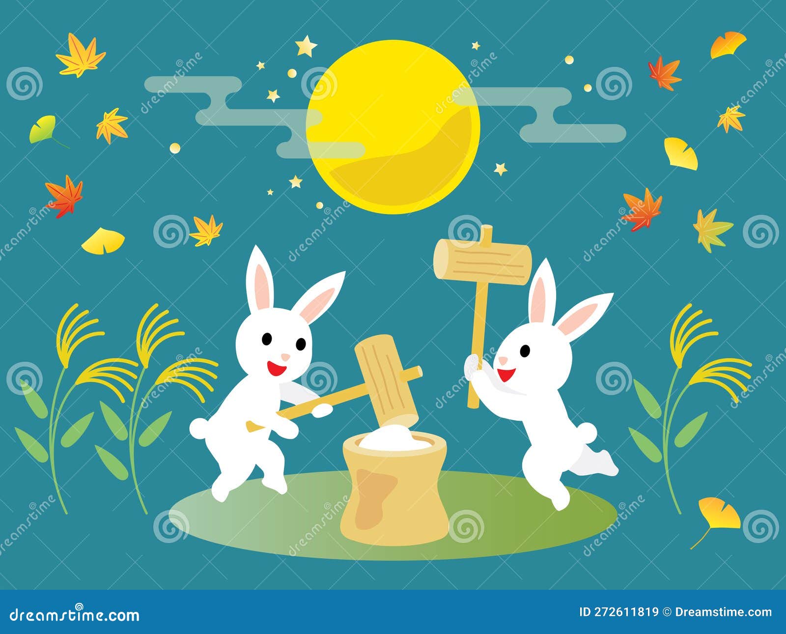 Illustration of Two Rabbits Making Rice Cake for Viewing the Moon ...