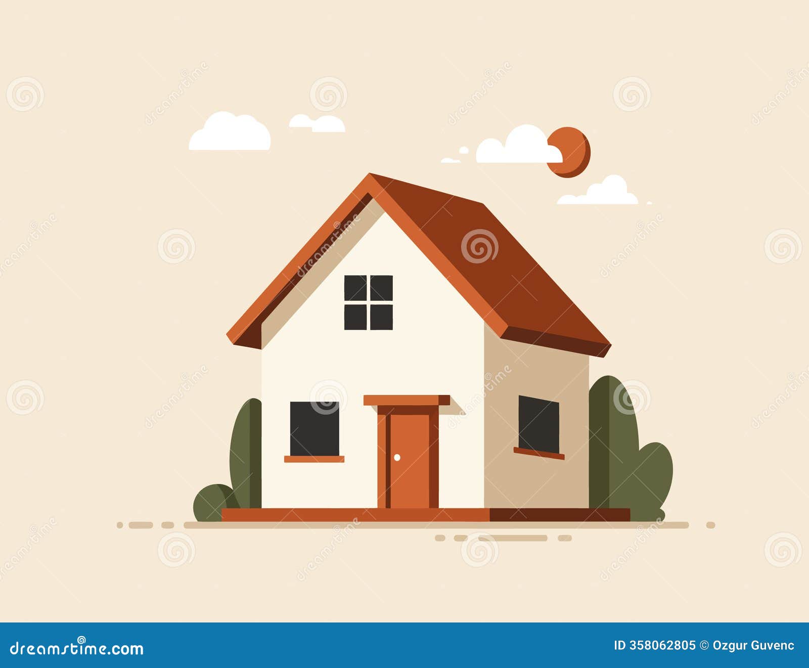 Illustration Of A Two-storey Detached House With Bushes Cartoon Vector ...