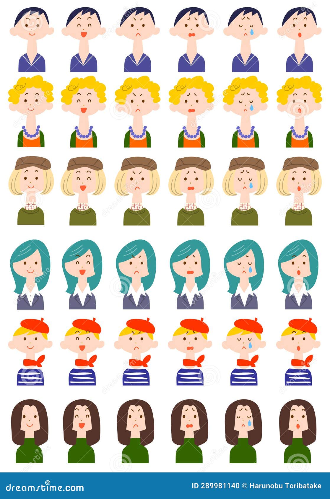Illustration Of 6 Types Of Facial Expressions Of 6 Women 3 Stock Vector