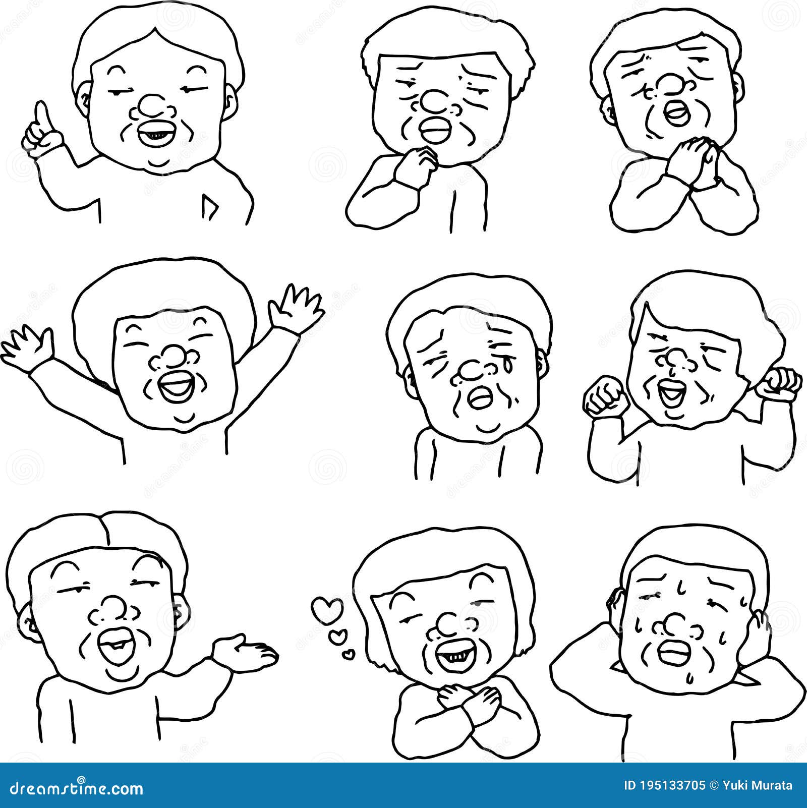Ugly Fat Man Poses And Facial Expressions Outline Set Cartoon Vector