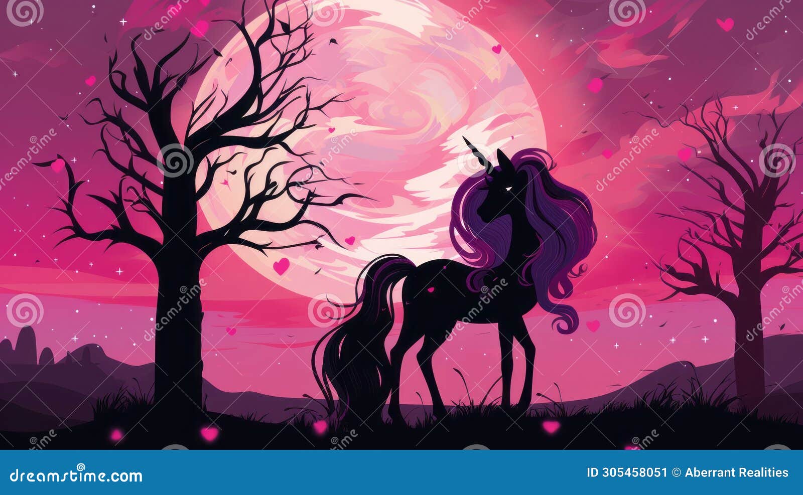 An Illustration of a Unicorn Standing in Front of a Full Moon Stock ...