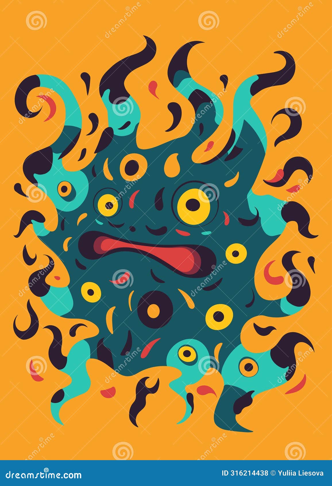 Illustration Of Unknown Monster With Tentacles Or Appendages, Colorful ...