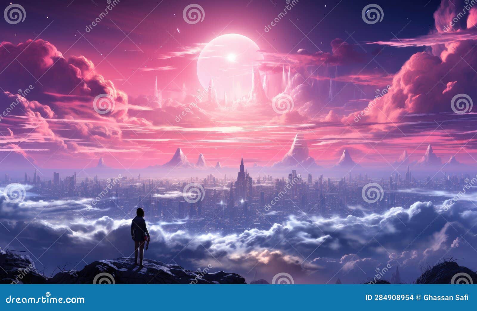 A Utopic Futuristic City, Above the Clouds, with a Big Moon and Clouds ...
