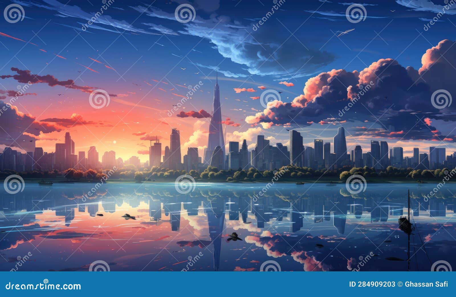 A Utopic Futuristic City during Sunset Stock Illustration ...