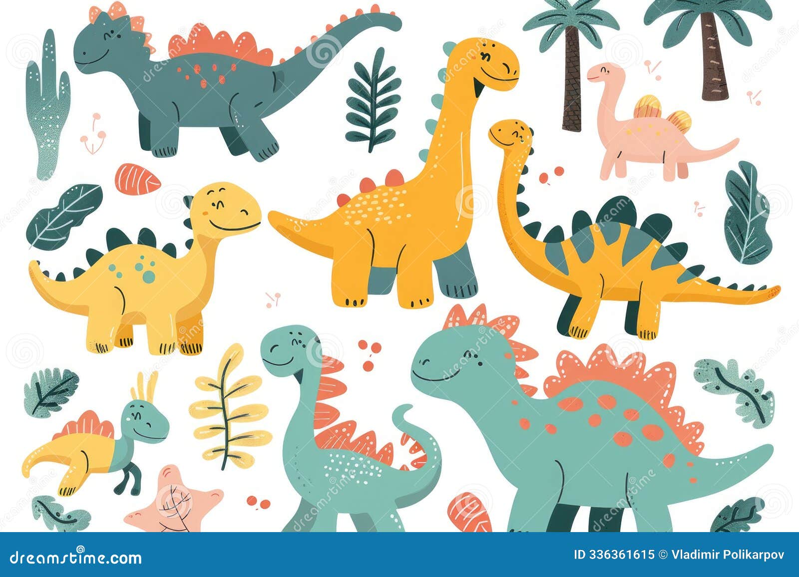 Illustration of Various Prehistoric Plants and Dinosaurs Together in a ...