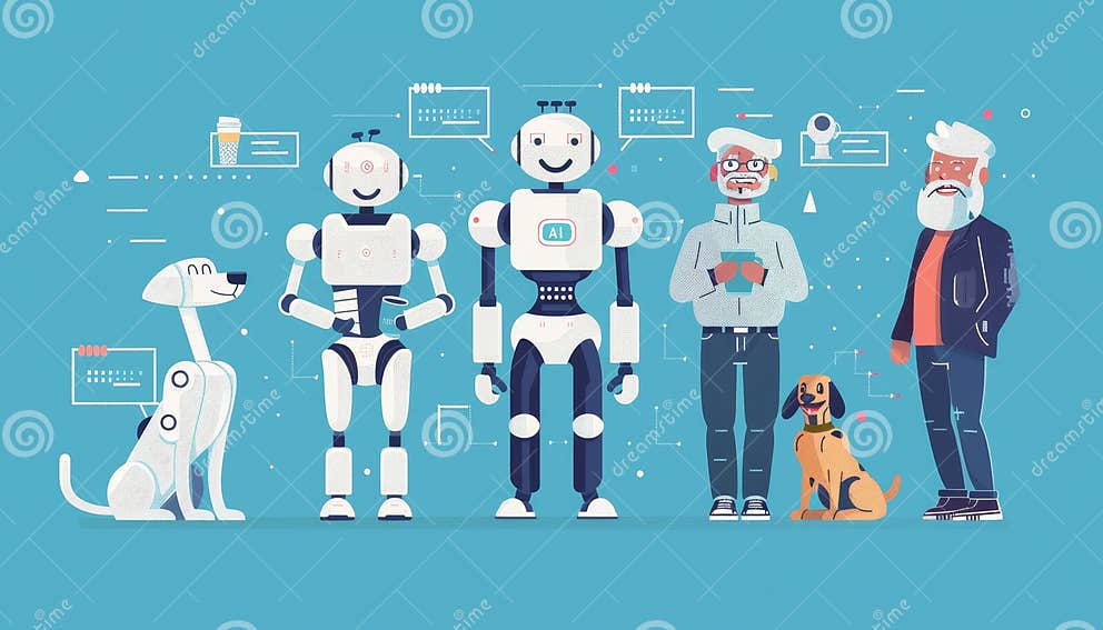 Illustration of Various Robots Assisting Human, Concept of AI and ...