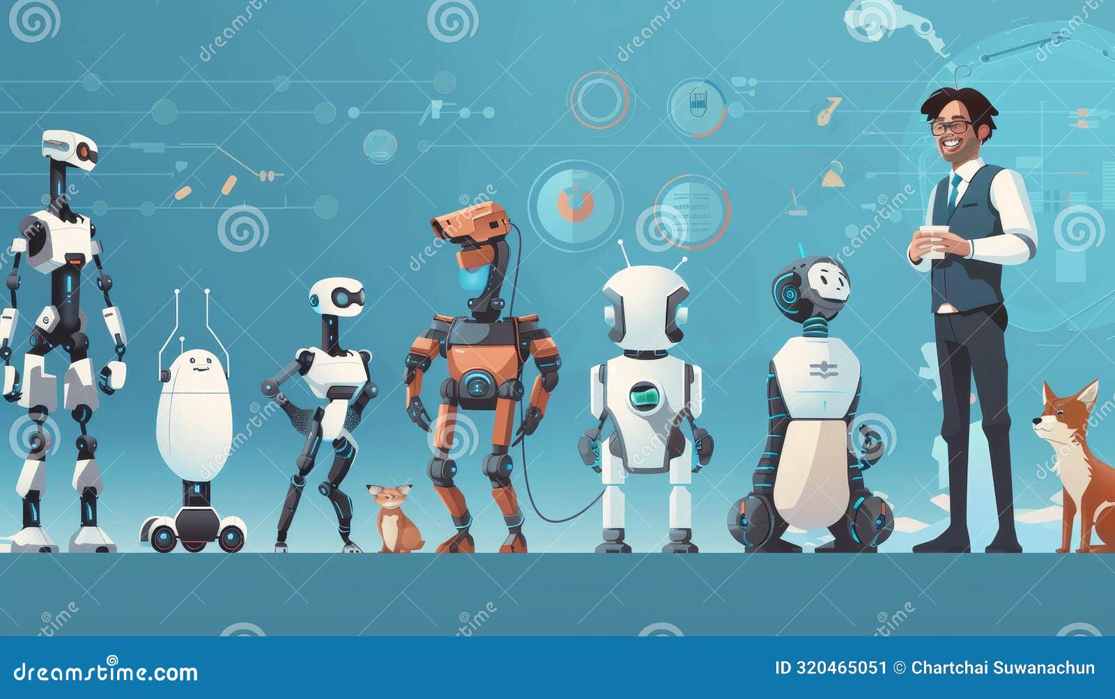 Illustration of Various Robots Assisting Human, Concept of AI and ...