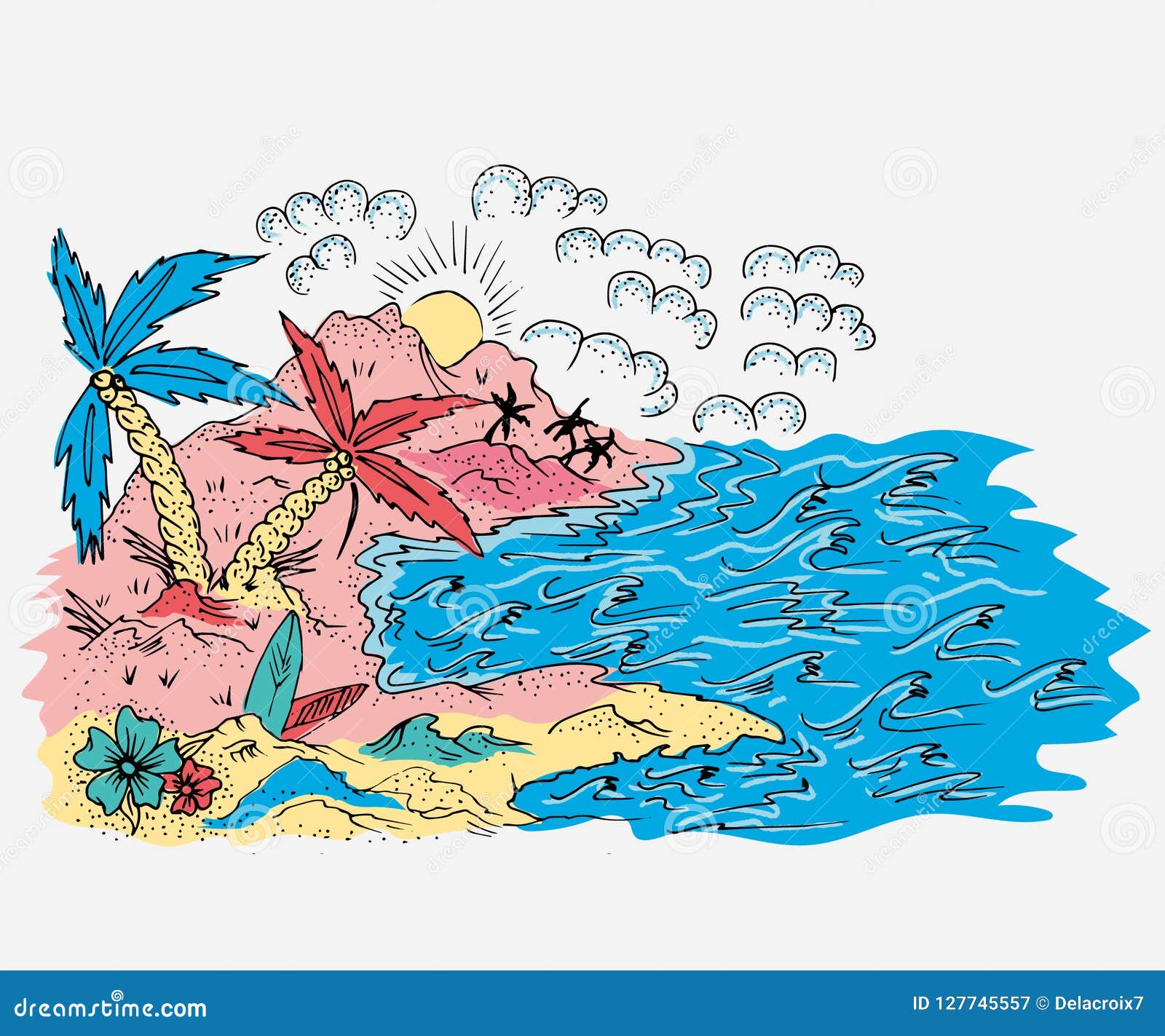Illustration Vector Beach with Waves in Style Comic Stock Vector ...