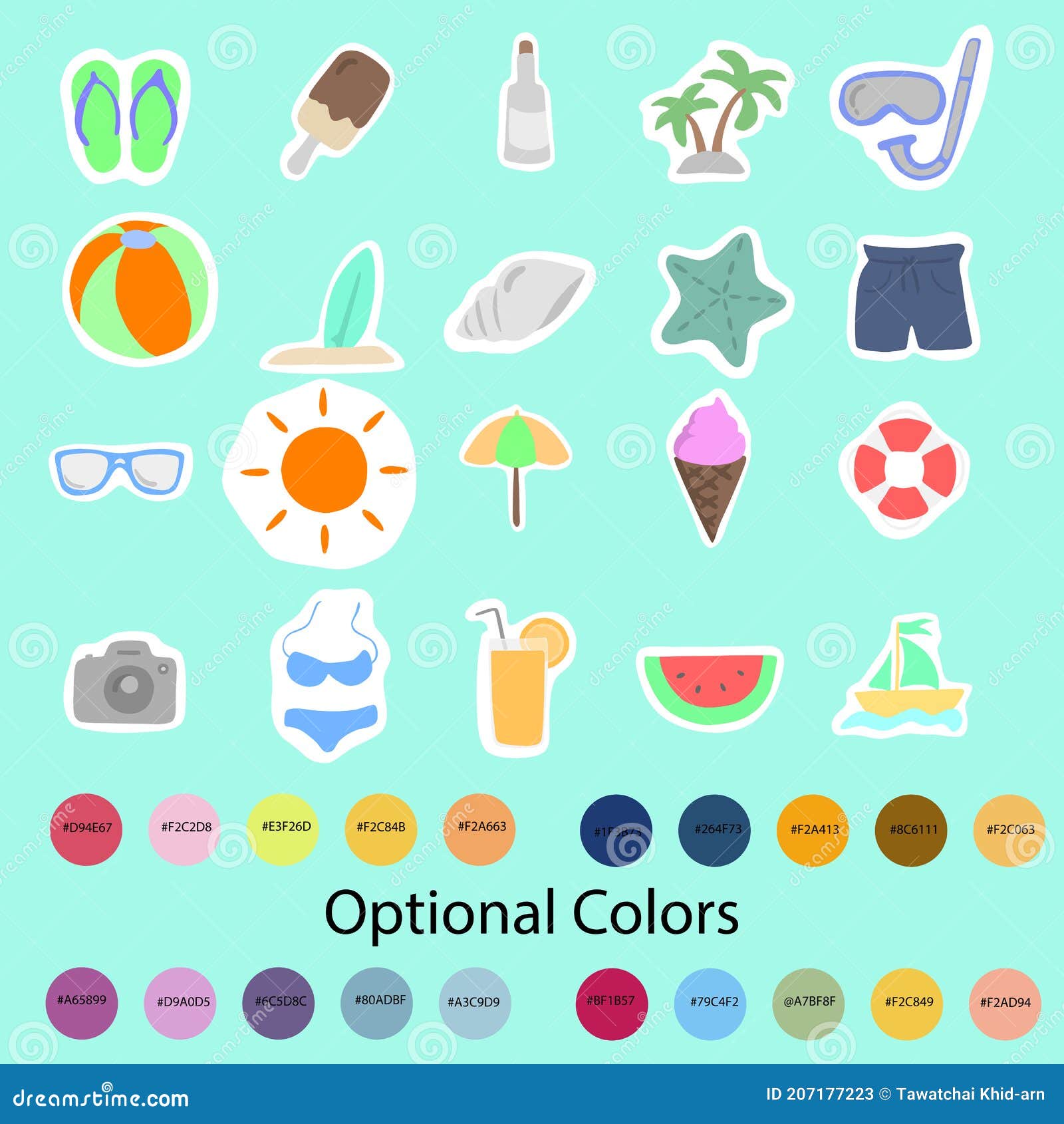 Illustration Vector Colorful Summer Icon Set with Optional Color Codes ...