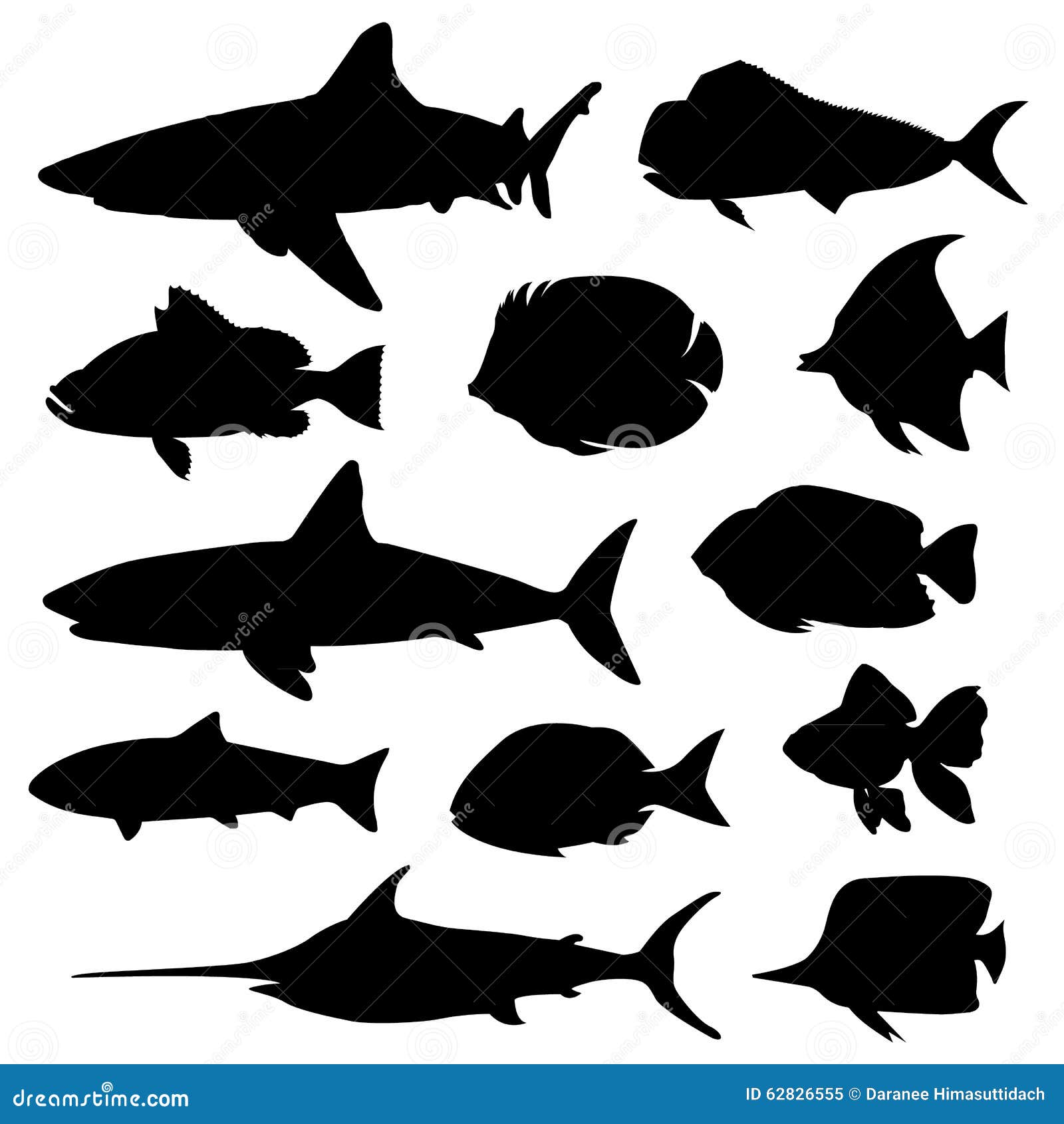 Set Of Fish Silhouette. Seafood Menu Design Elements. Cartoon Vector ...
