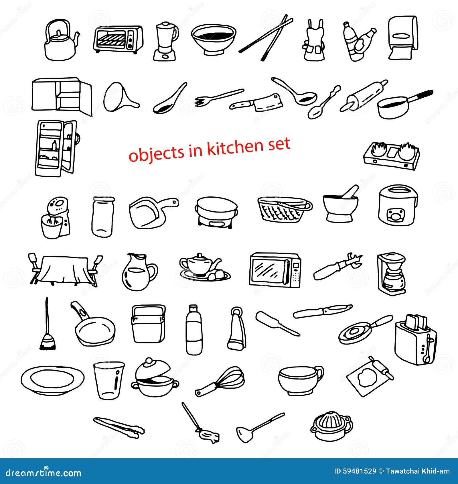 Illustration Vector Doodles Hand Drawn Objects in Kitchen. Stock Vector ...