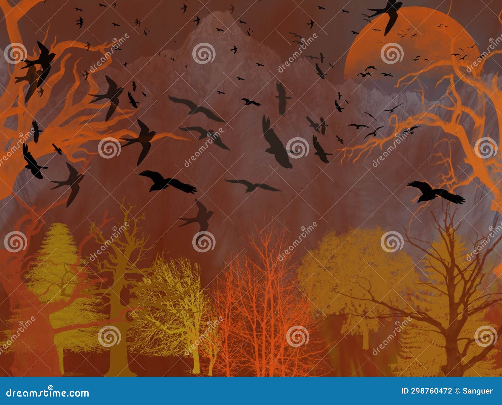 Illustration or Vector of a Fantasy of a Forest on Fire with Flight of ...