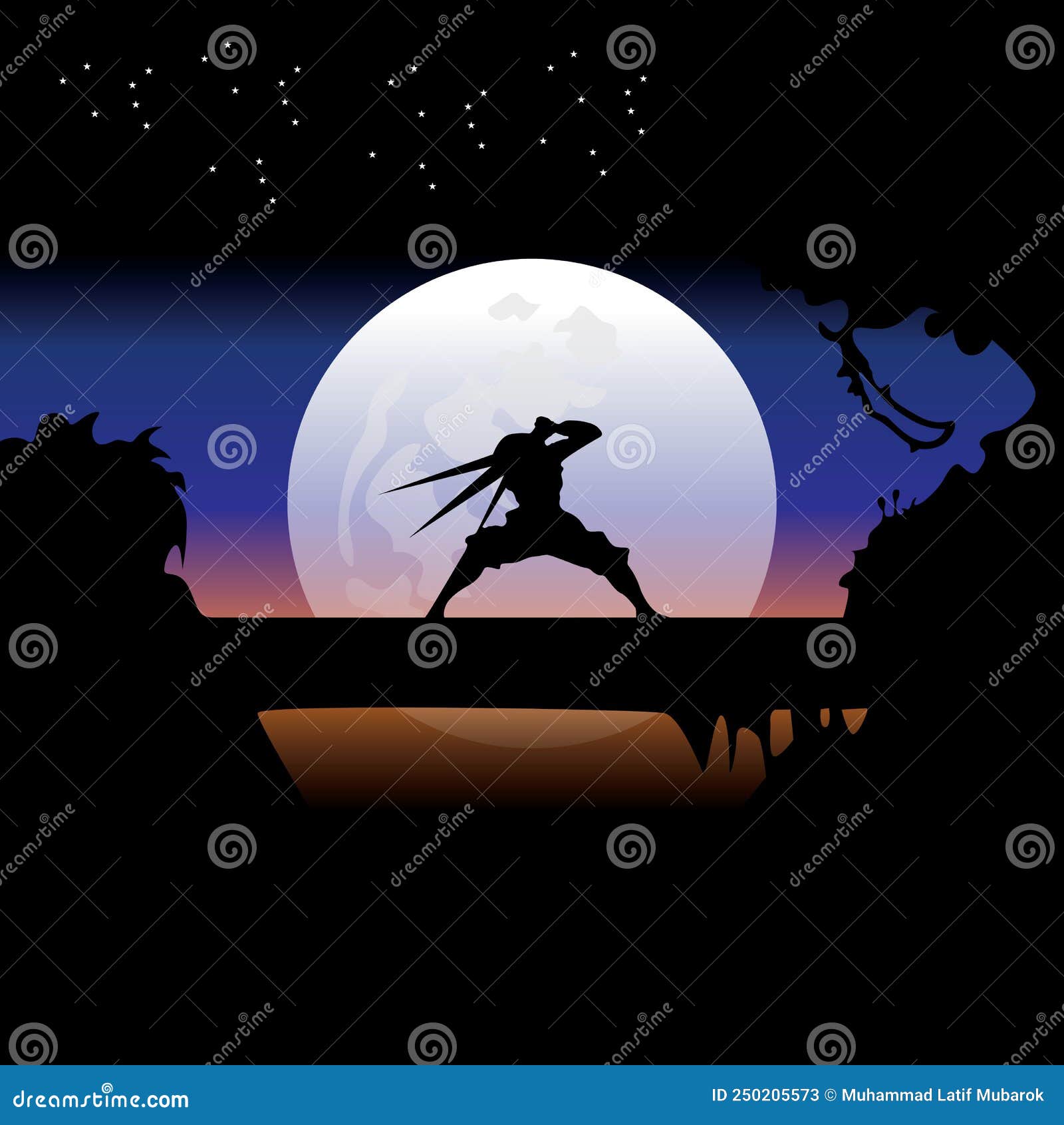 Samurai Training at Night on a Full Moon Stock Vector - Illustration of ...