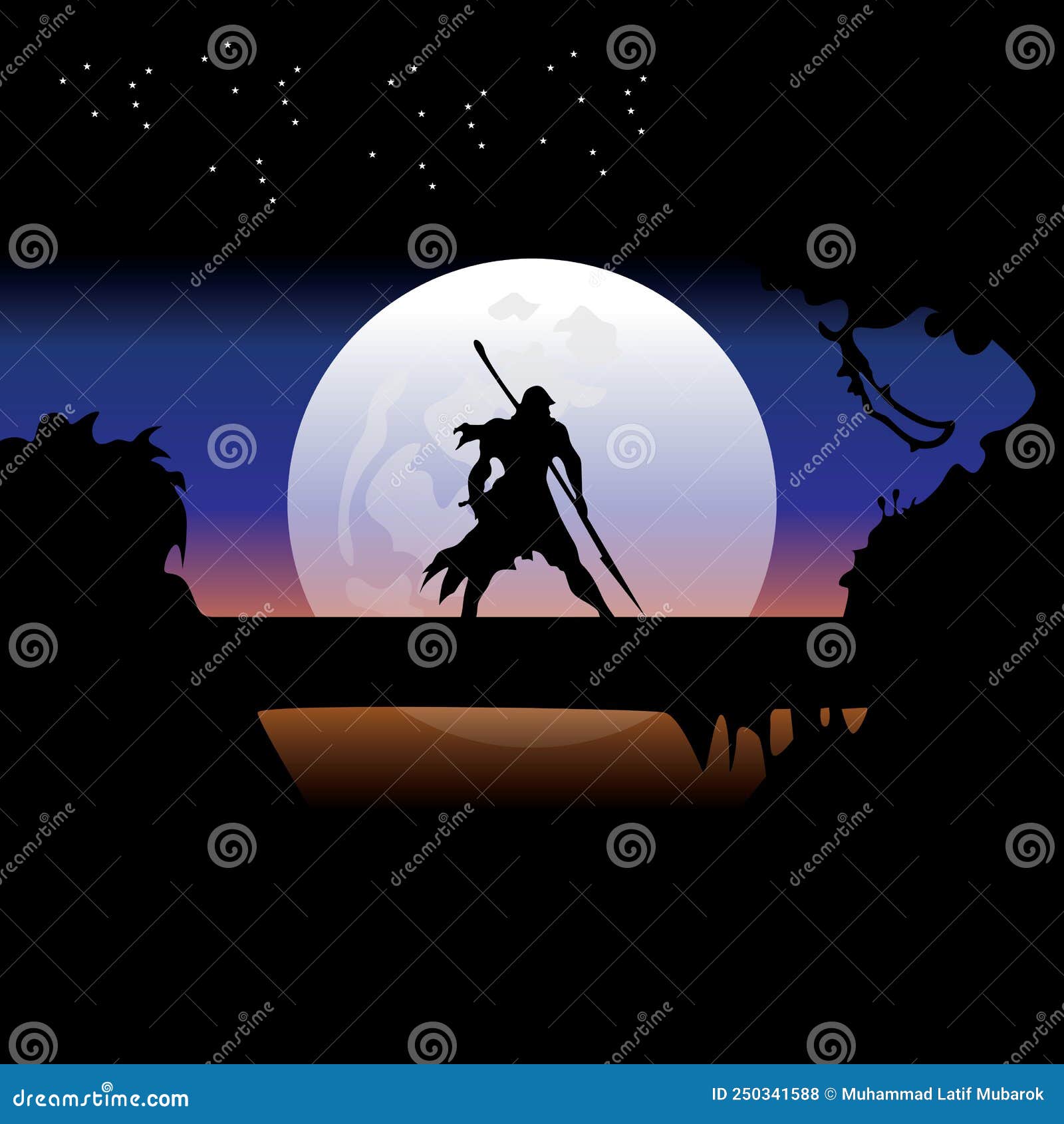 Samurai Training at Night on a Full Moon Stock Vector - Illustration of ...