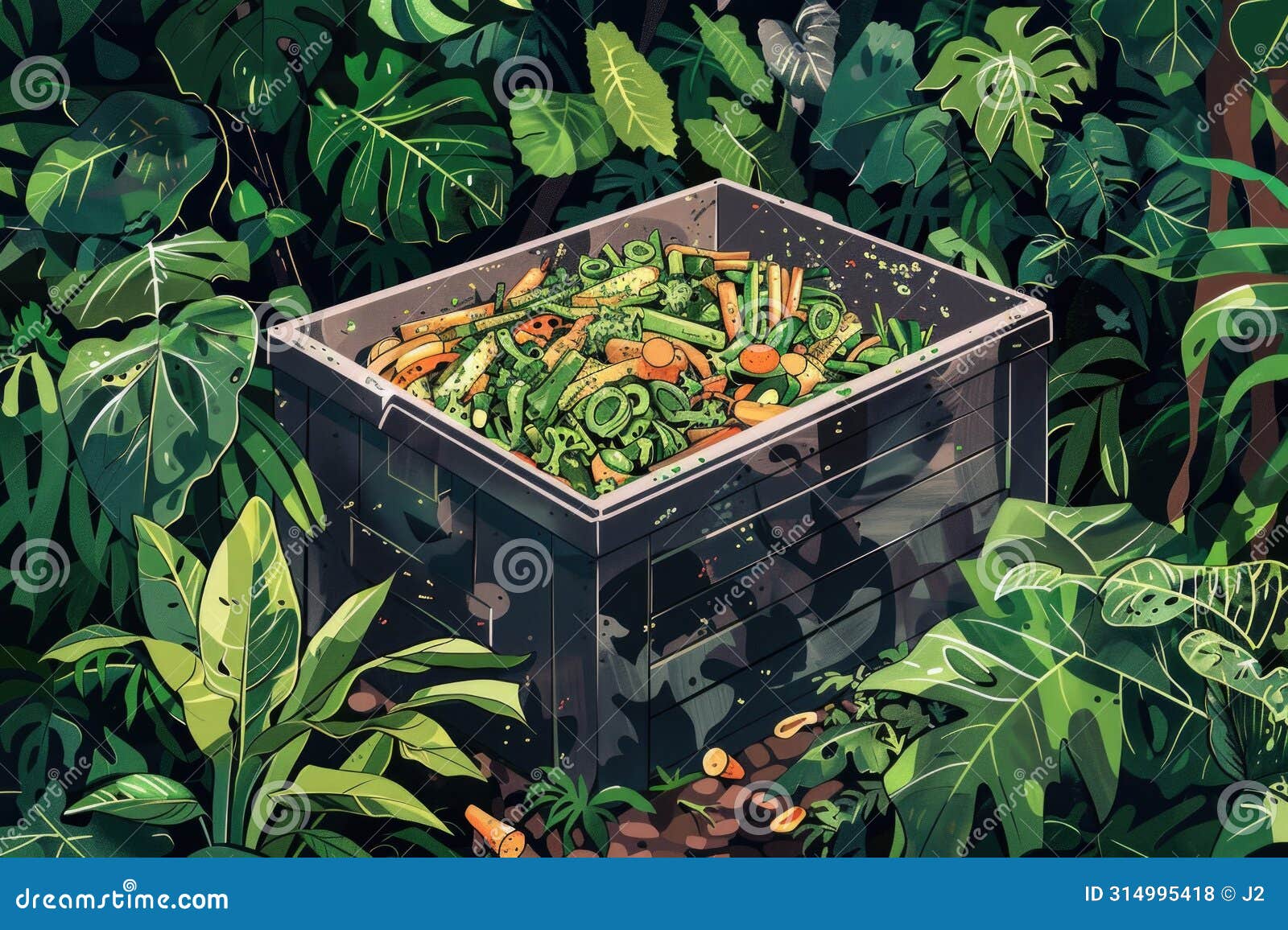 Illustration of Verdant Compost Bin with Vegetables Amidst a Lush ...