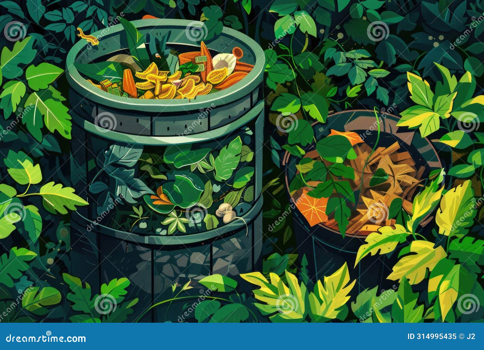 Illustration of Verdant Compost Bin with Vegetables Amidst a Lush ...