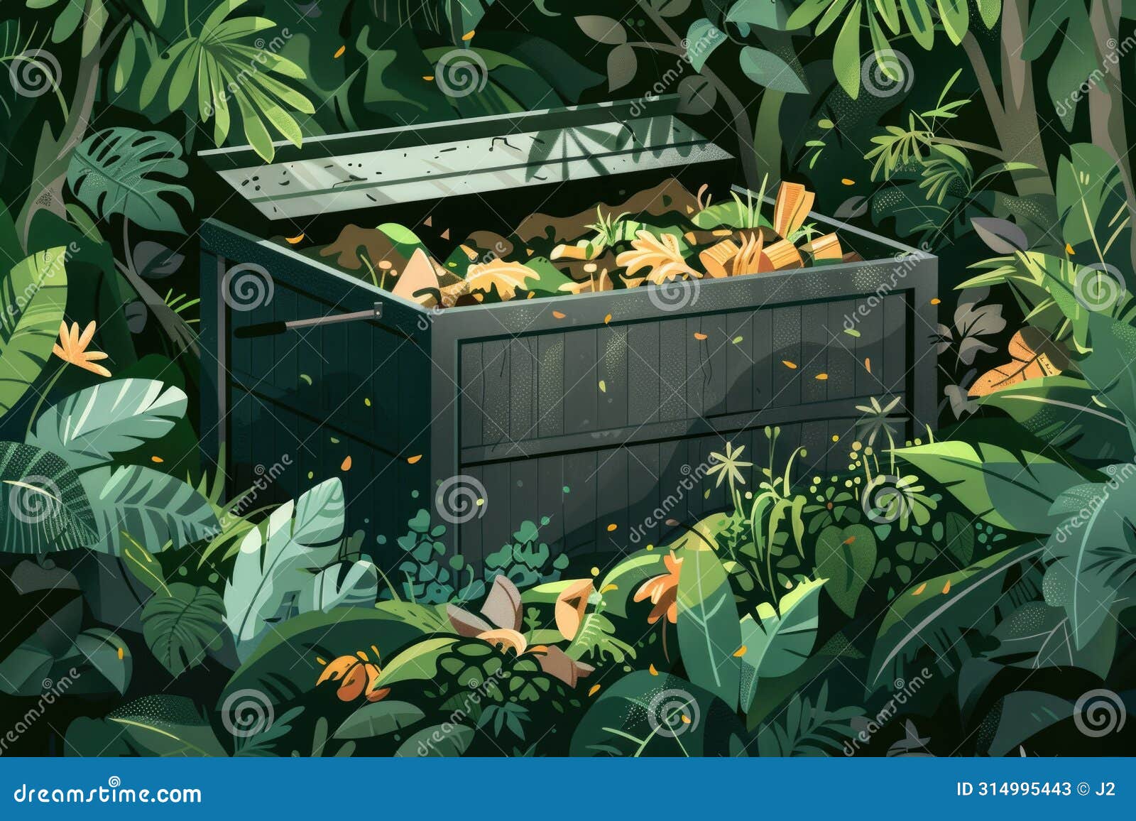 Illustration of Verdant Compost Bin with Vegetables Amidst a Lush ...