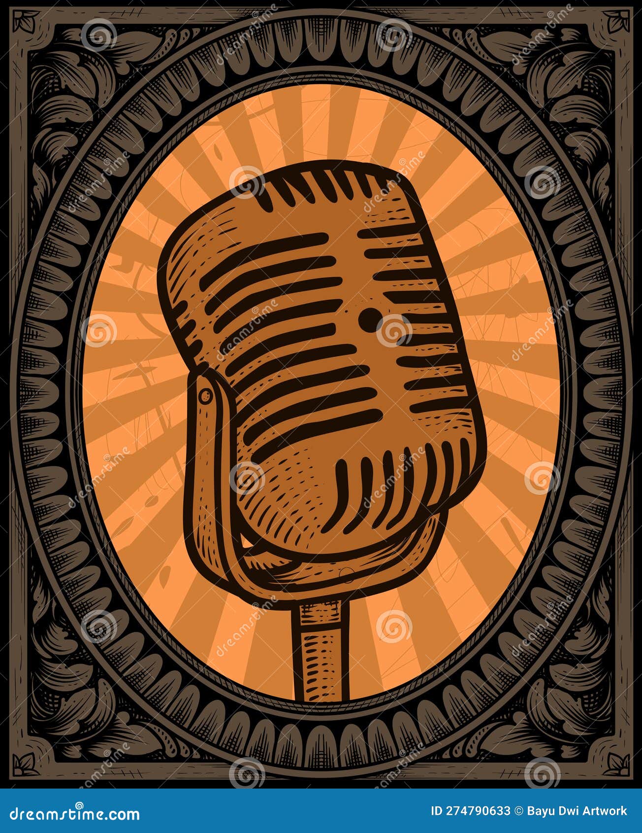 Illustration Vintage Microphone with Antique Engraving Ornament Frame ...