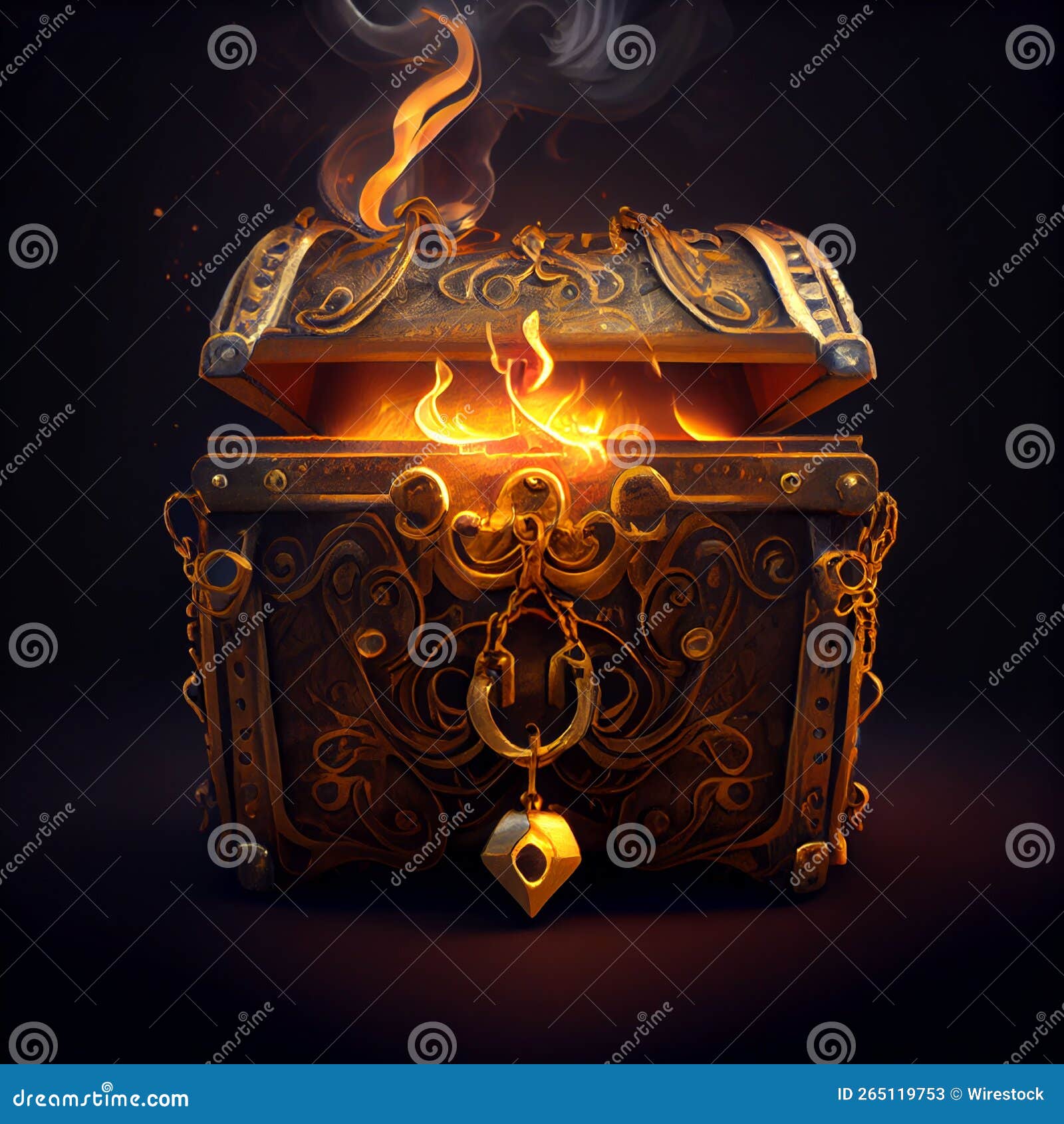 Illustration of a Vintage Treasure Box in Burning Fire Stock ...