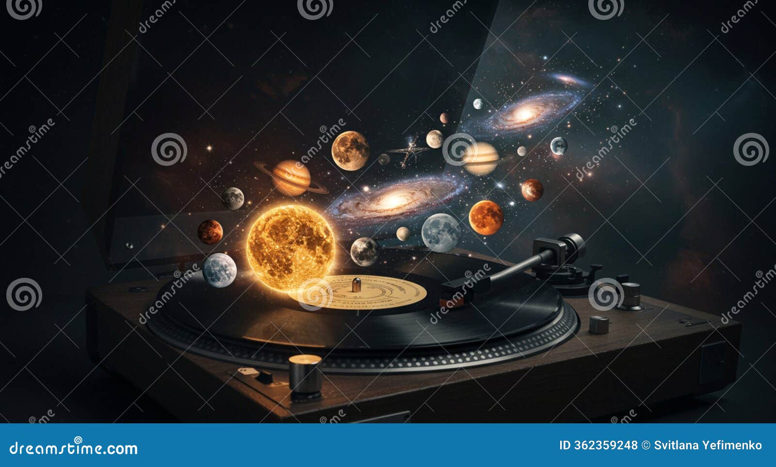 Illustration of a Vinyl Record Player with Astronomical Planets Stock ...