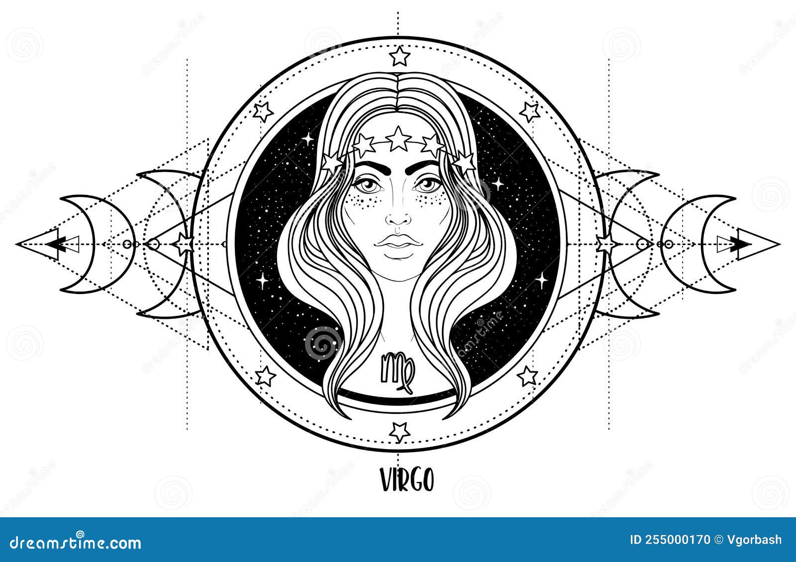 Illustration Of Virgo Astrological Sign As A Beautiful Girl Over Sacred