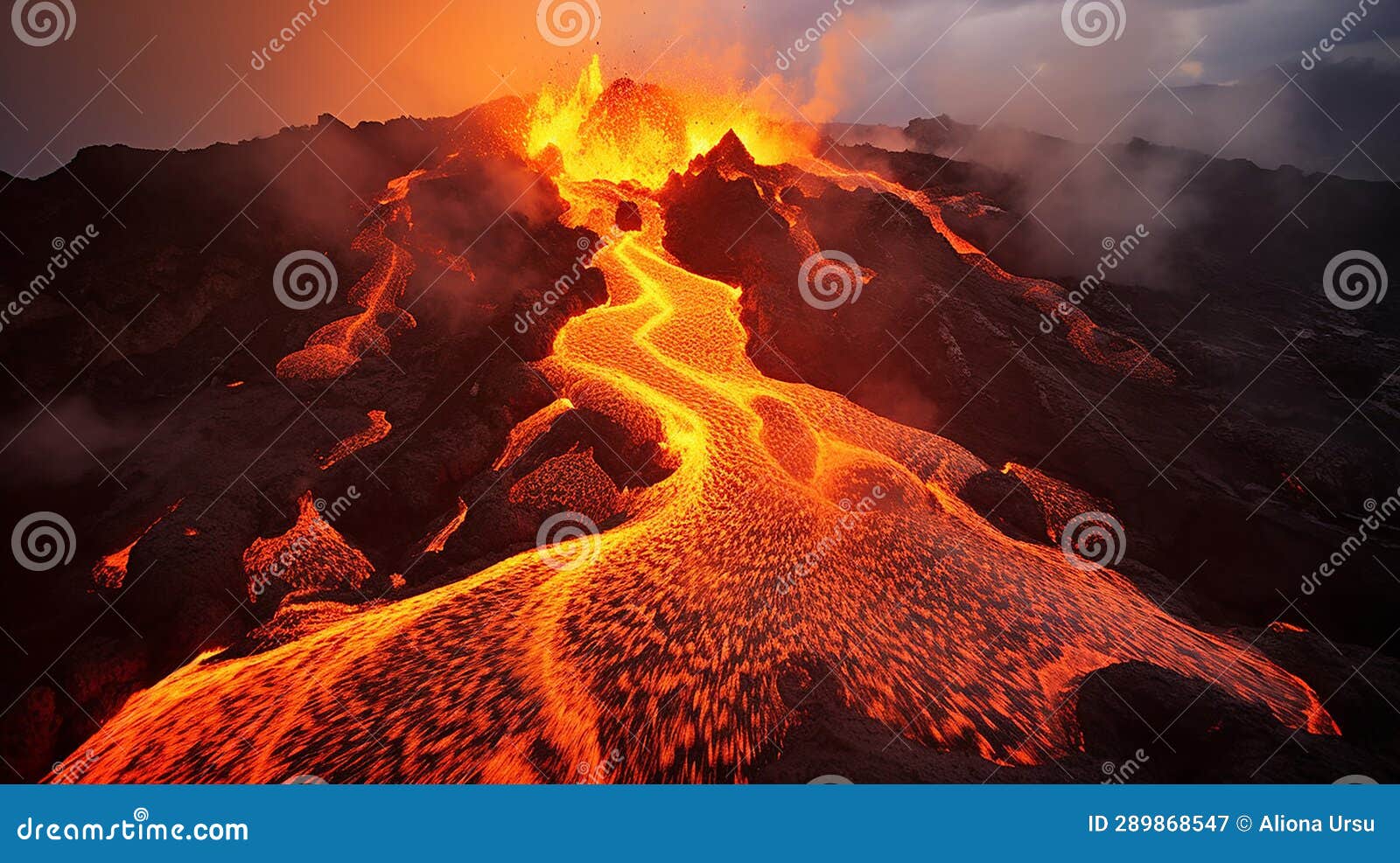Illustration of a Volcanic Eruption with Lava Flowing Down the Slopes ...