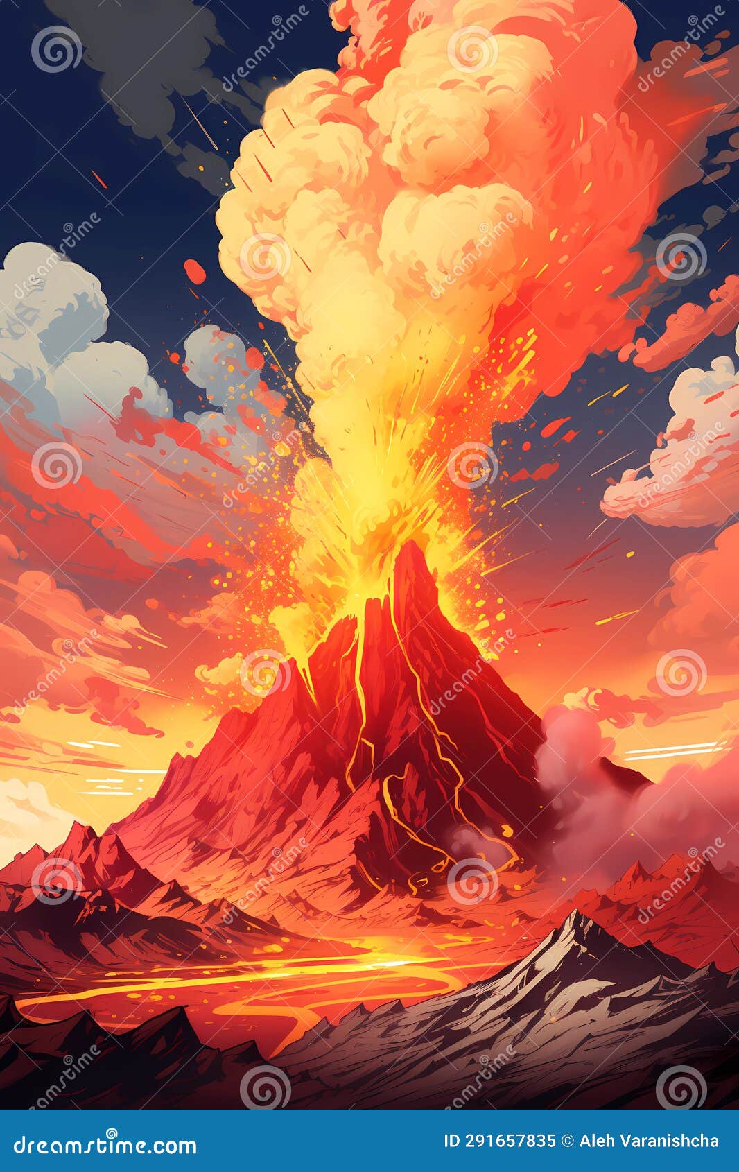 Illustration of a Volcanic Eruption with the Release of Lava and Smoke ...
