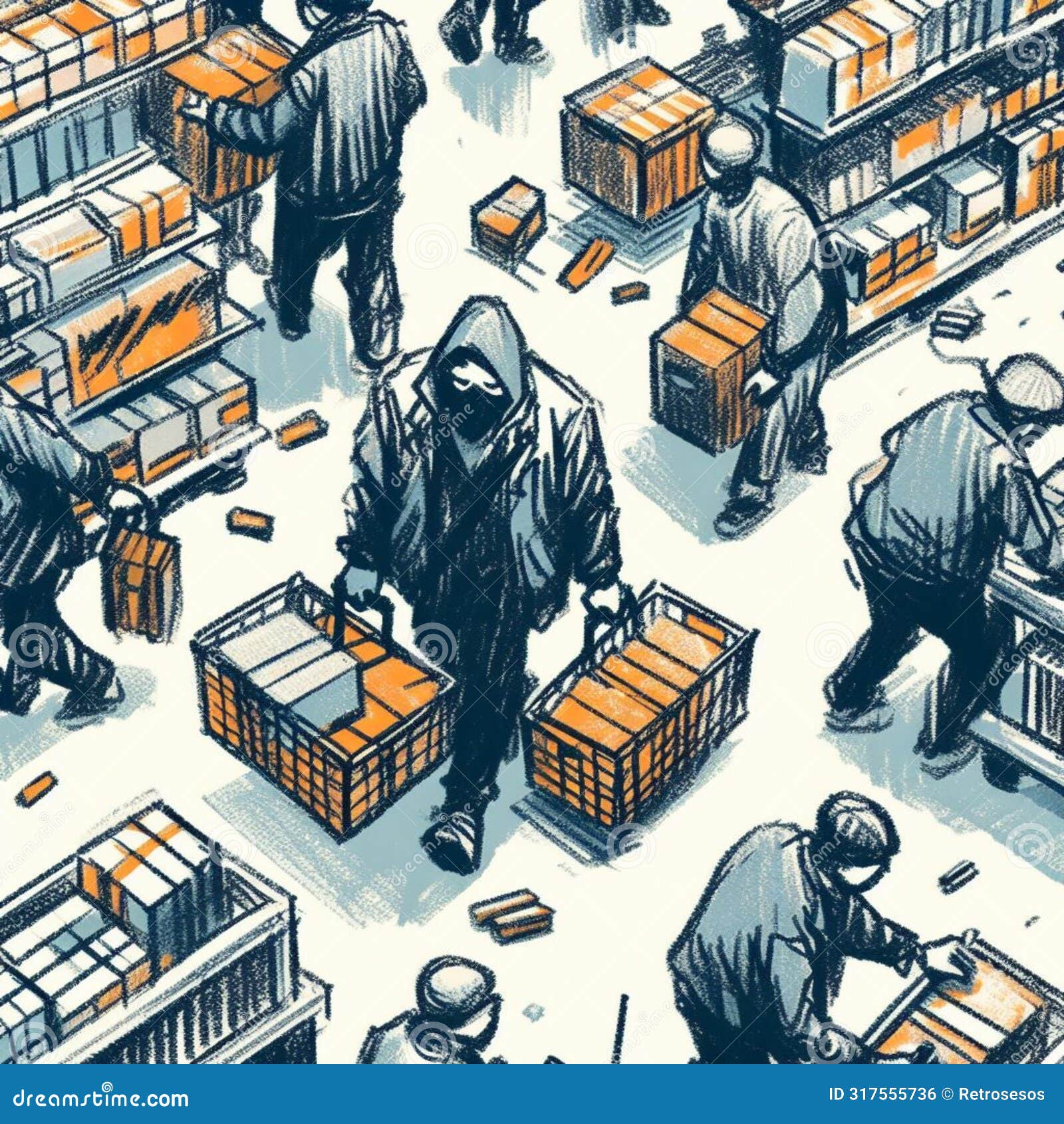 Stylized Illustration Depicting Workers in a Warehouse Handling Various ...