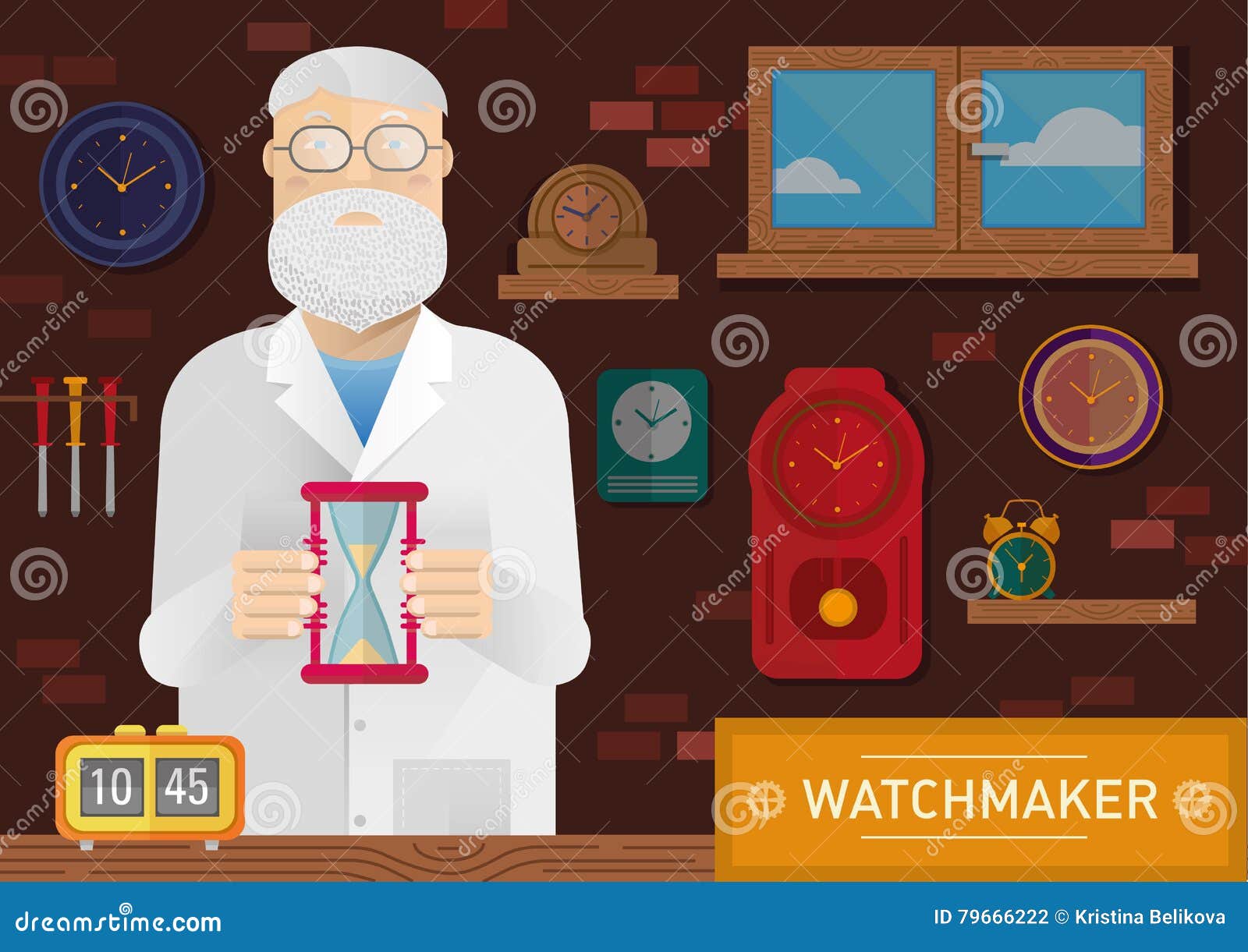 Illustration of a Watchmaker in the Workplace with Clock on the Wall ...