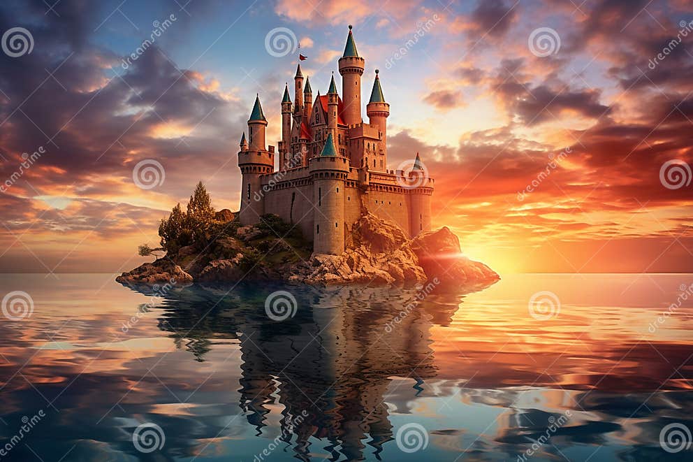 Illustration of Water Castle in the Evening. Generative AI Stock ...