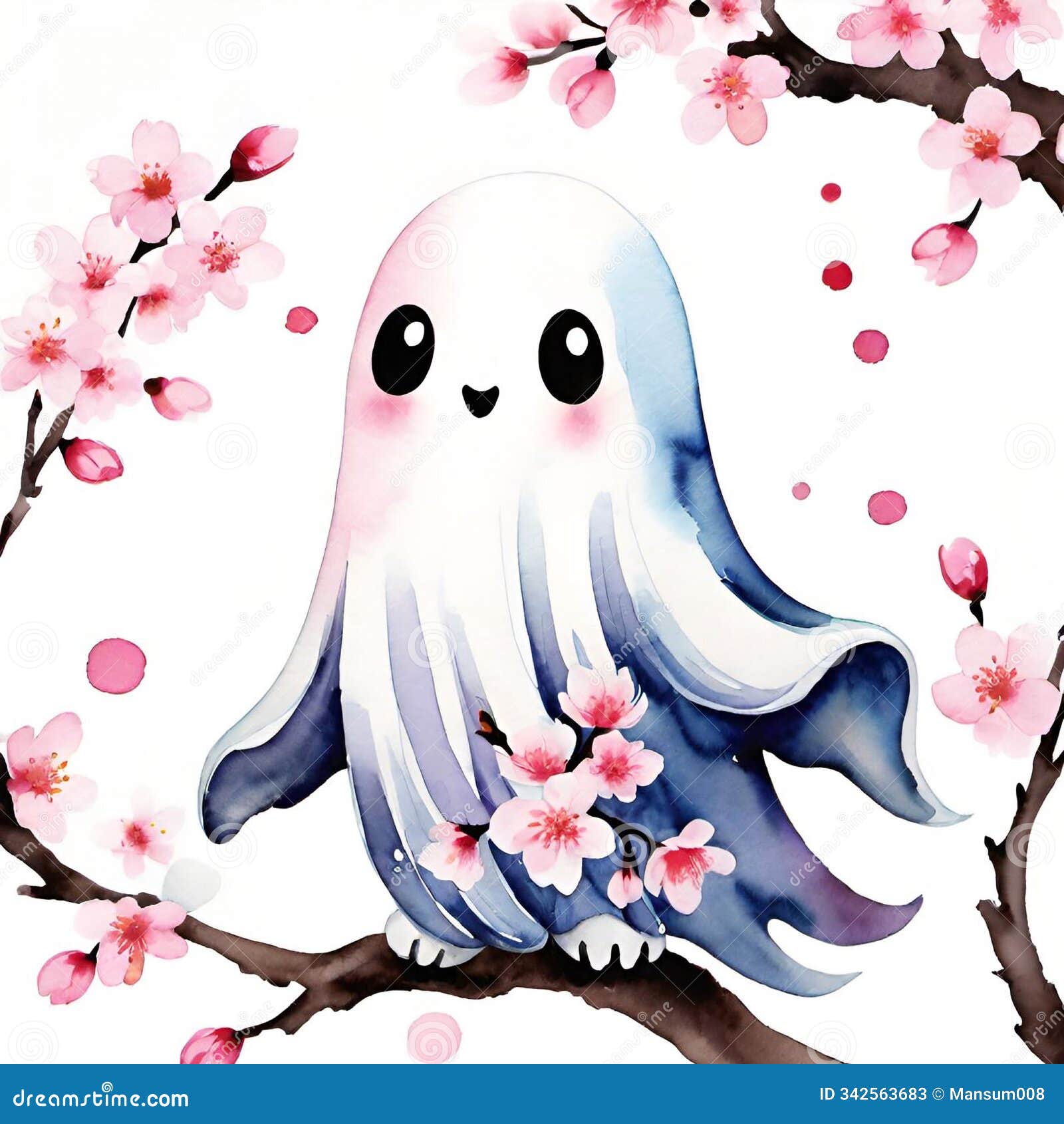 Illustration of Watercolor Drawing of a Cute Cartoon Ghost. Watercolor ...