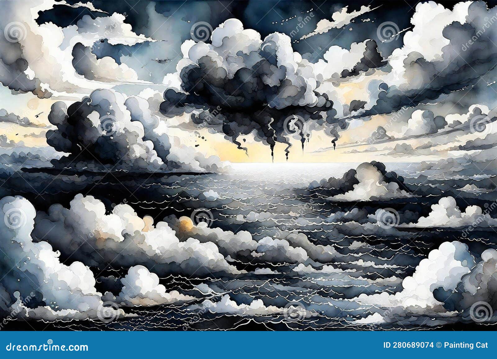 Watercolor Illustration of a Stormy Sky with Clouds and the Sea Stock ...