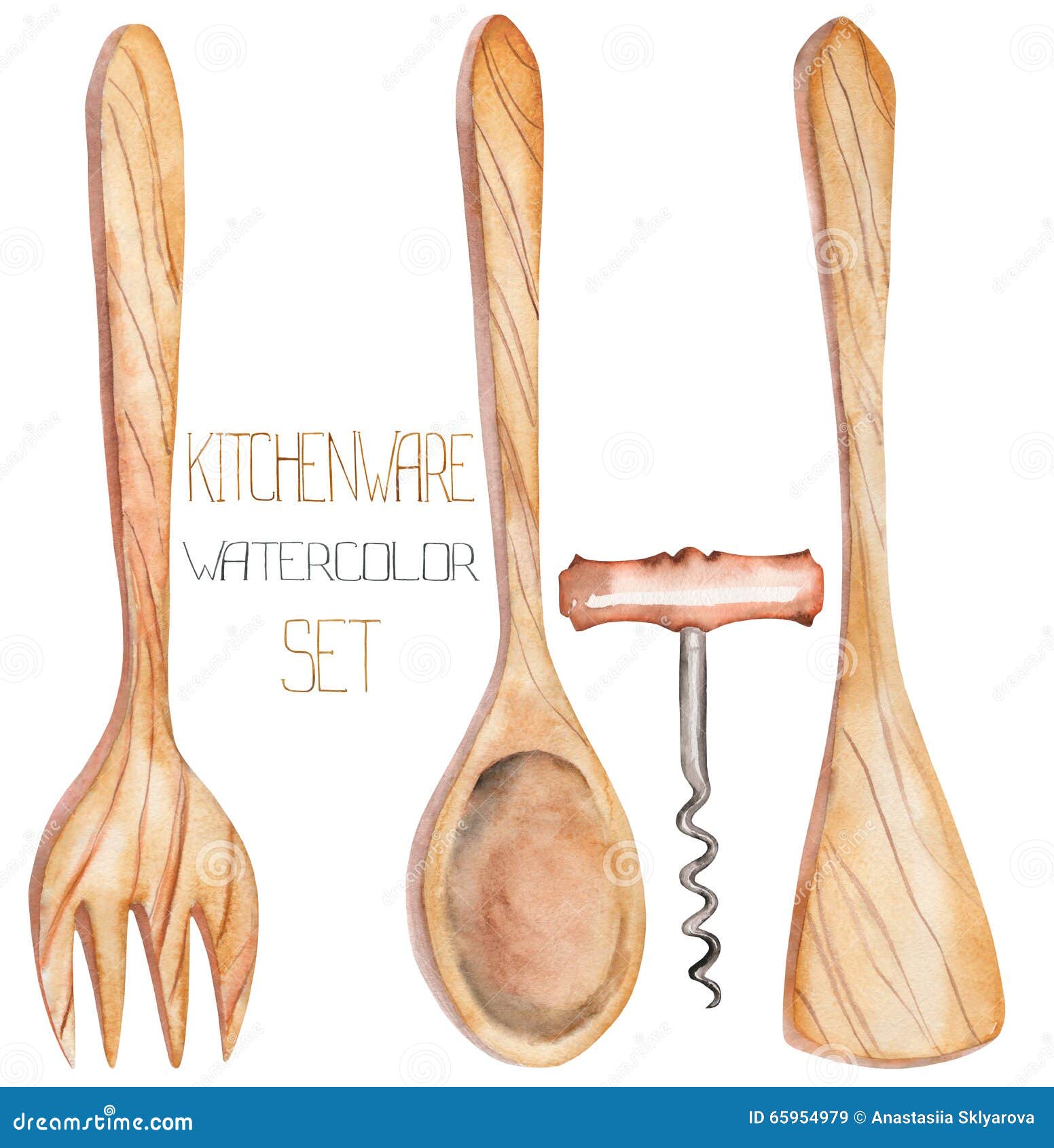 An Illustration with the Watercolor Wooden Kitchenware: Scapula, Spoon ...