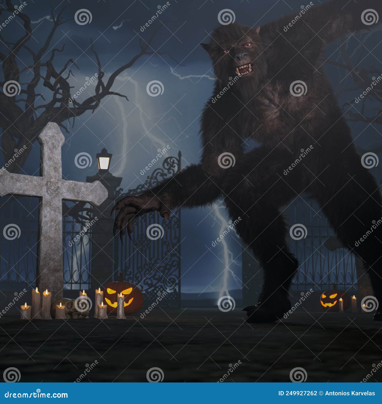 Illustration of a Werewolf during the Night in the Creepy Cemetery ...