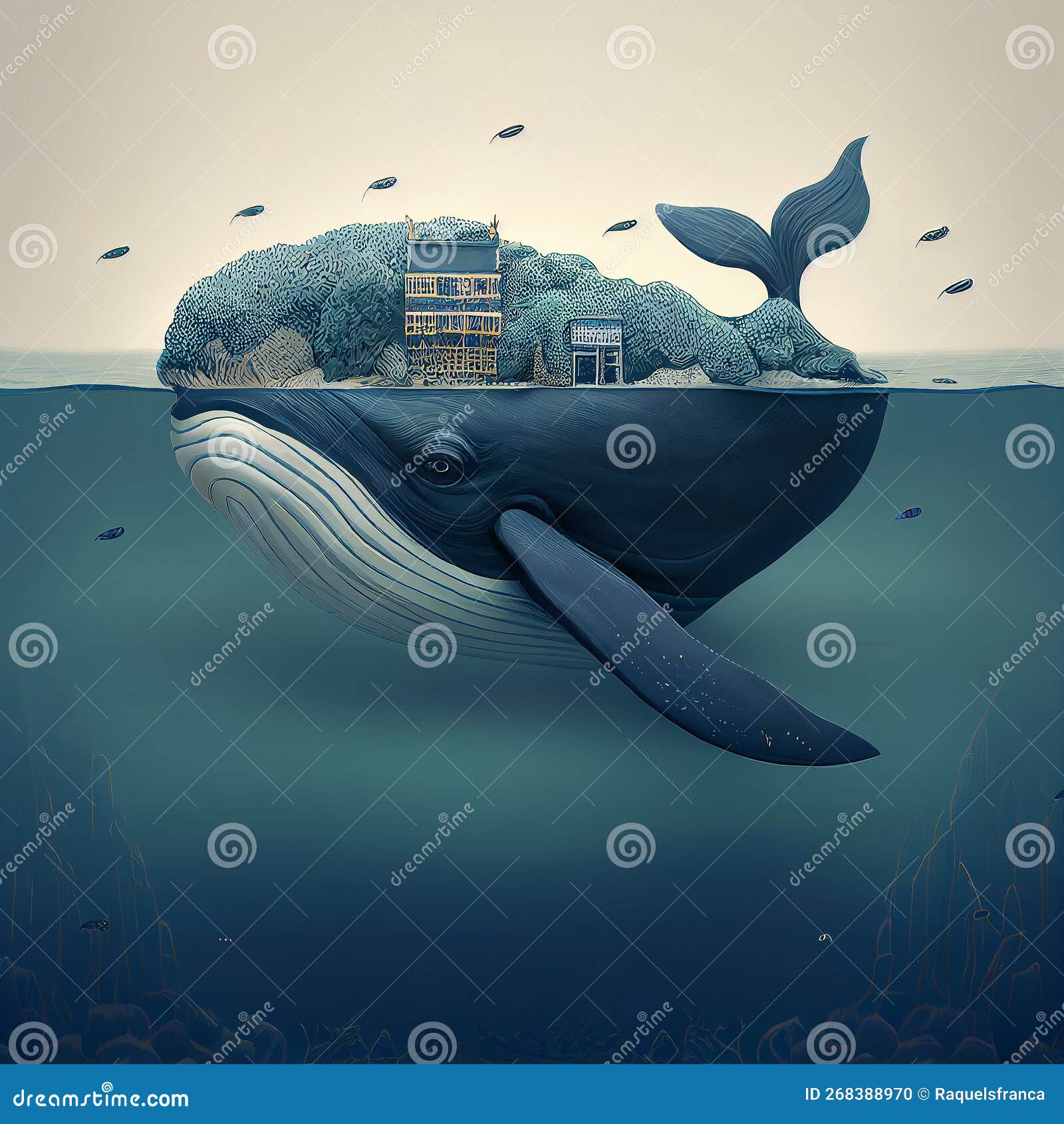 Illustration of a Whale with Trees and Houses in the Back Stock ...