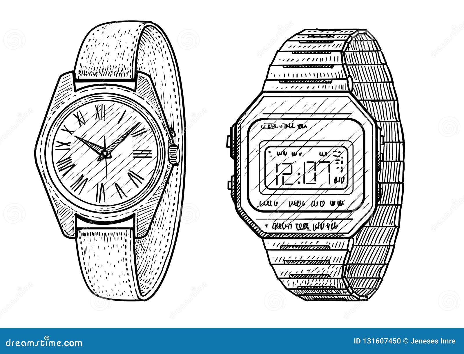 Watch Illustration Drawing Engraving Ink Line Art Vector Stock