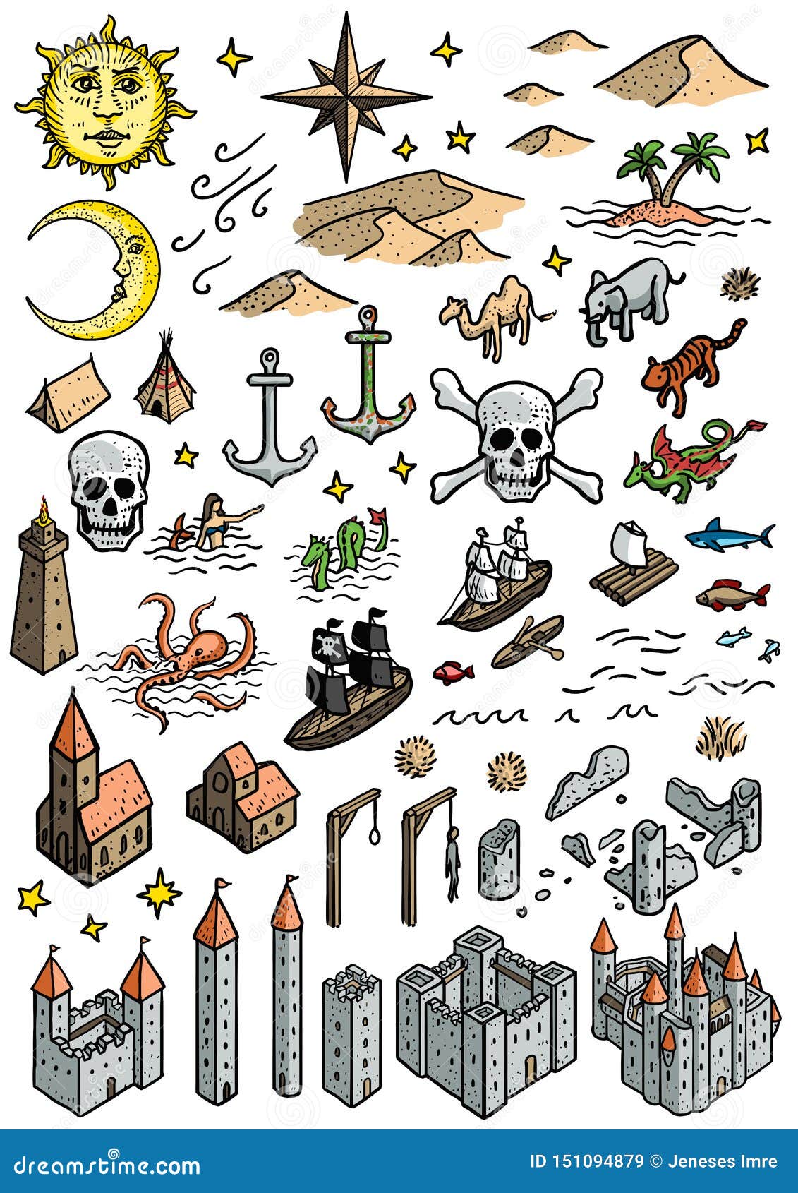 Fantasy Map Elements Illustration, Drawing, Engraving, Ink, Line Art ... Fantasy Map Elements Illustration, Drawing, Engraving, Ink, Line Art ...